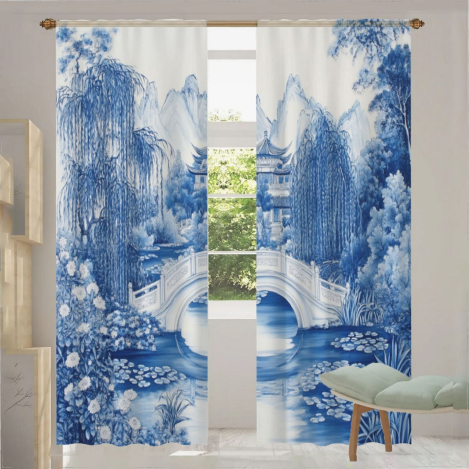 Blue Willow Chinoiserie Blue And White Curtains for Living Room Bedroom ...