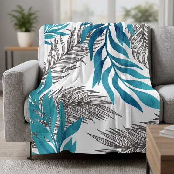 Blue Willow Leaf Fleece Throw Blanket Abstract Art Leaves Botanical ...