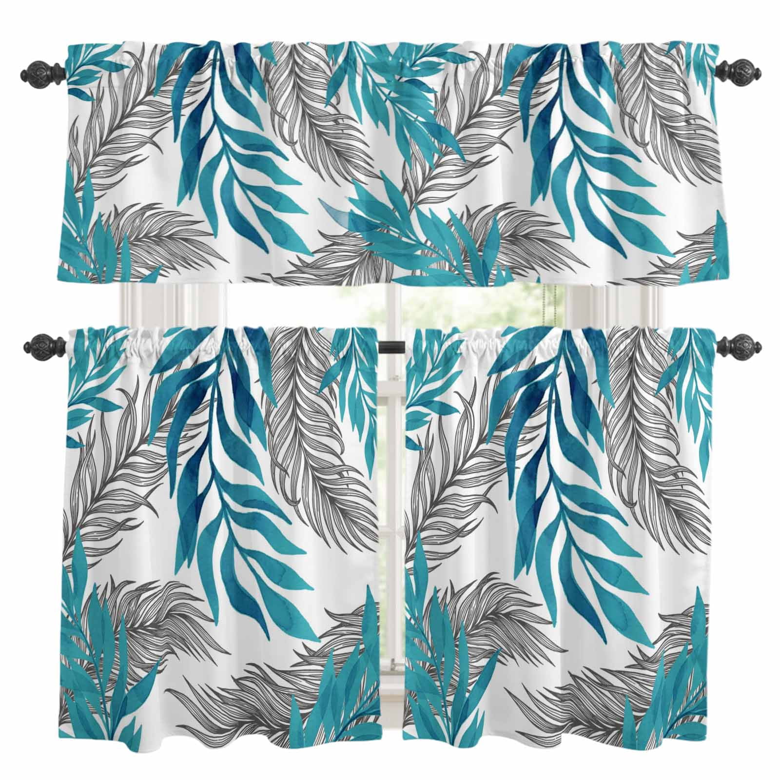 Blue Willow Leaf Kitchen Curtains Set for Windows, Abstract Art Leaves ...