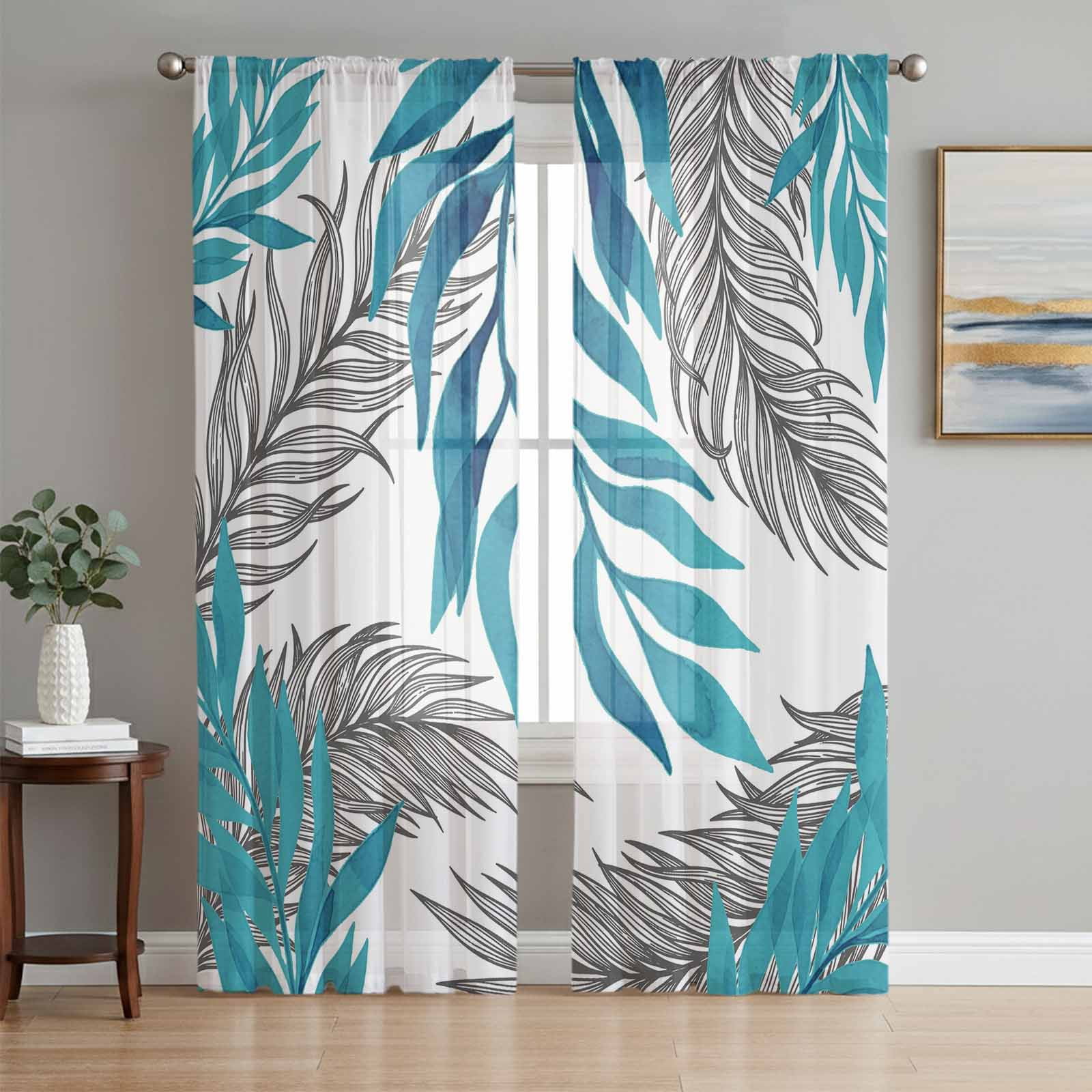 Blue Willow Leaf Sheer Curtains for Living Room Bedroom, Abstract Art ...