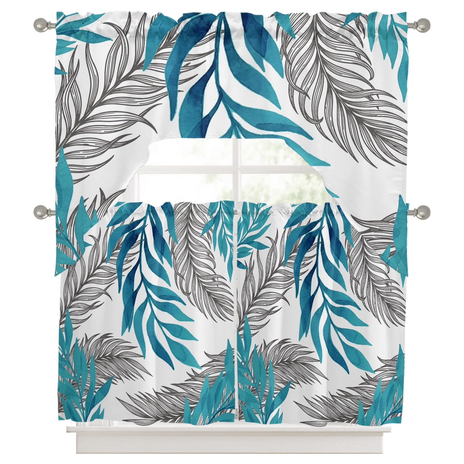 Blue Willow Leaf Swag Valance and Tier Set of 3, Abstract Art Leaves ...