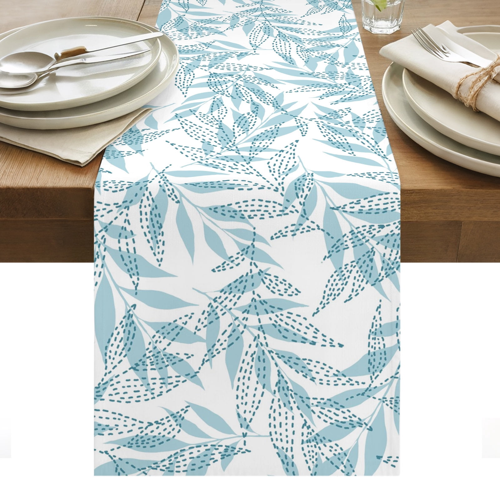 Blue Willow Leaves Table Runner Modern Dotted Boho Minimalist Art ...