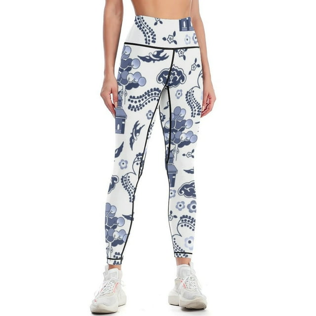Blue Willow Pattern Leggings jogging pants flared Fitness woman workout ...