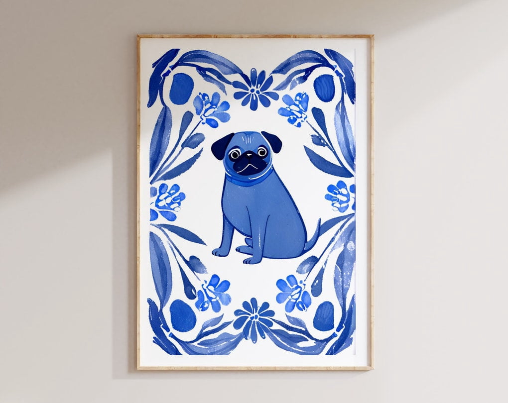Blue Willow Pug Print Dog Drawing Dog Portrait Coastal Granddaughter ...