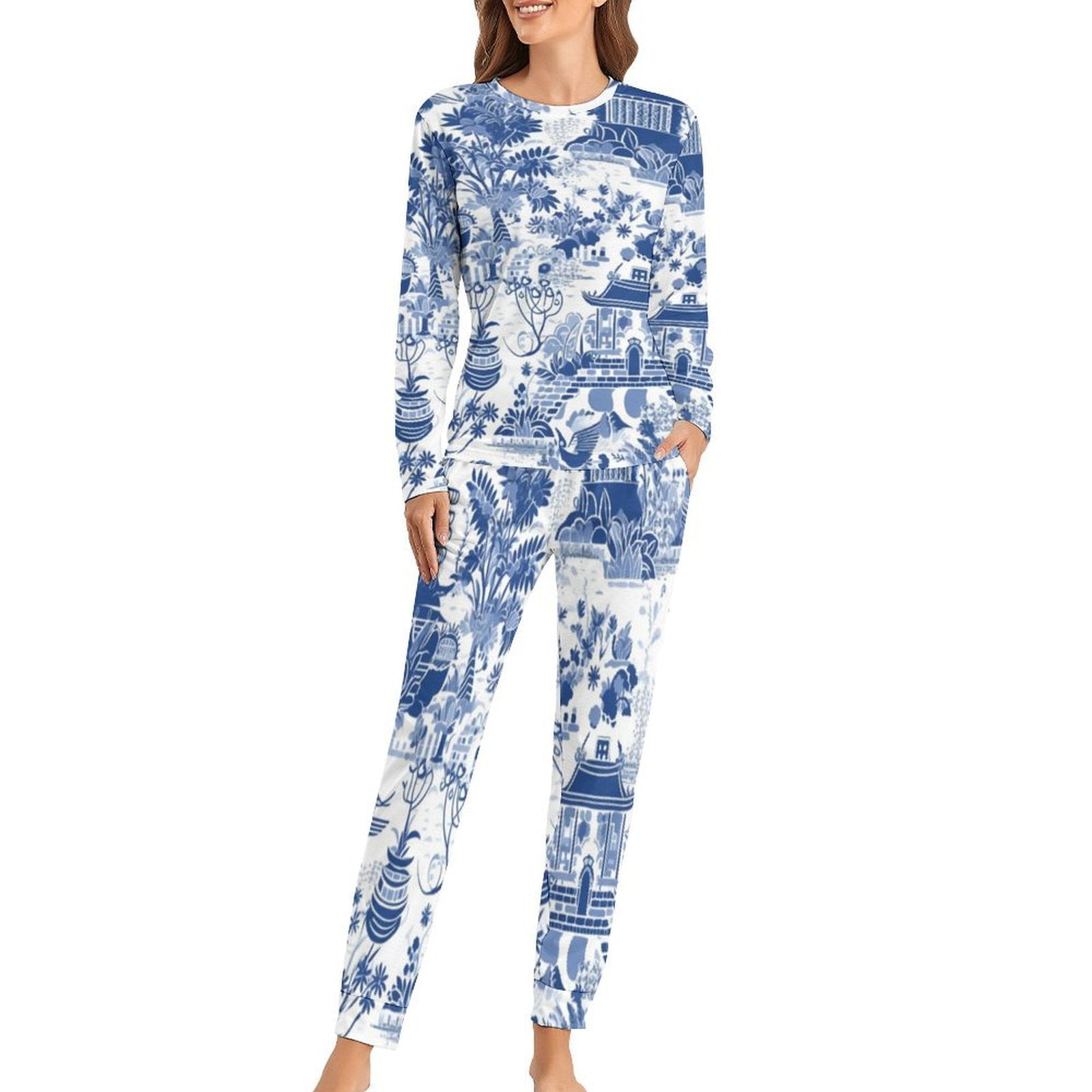 Blue Willow Seamless Pattern Pajamas Woman 2 Piece Vintage Pajamas Set Long-Sleeve Comfortable ...