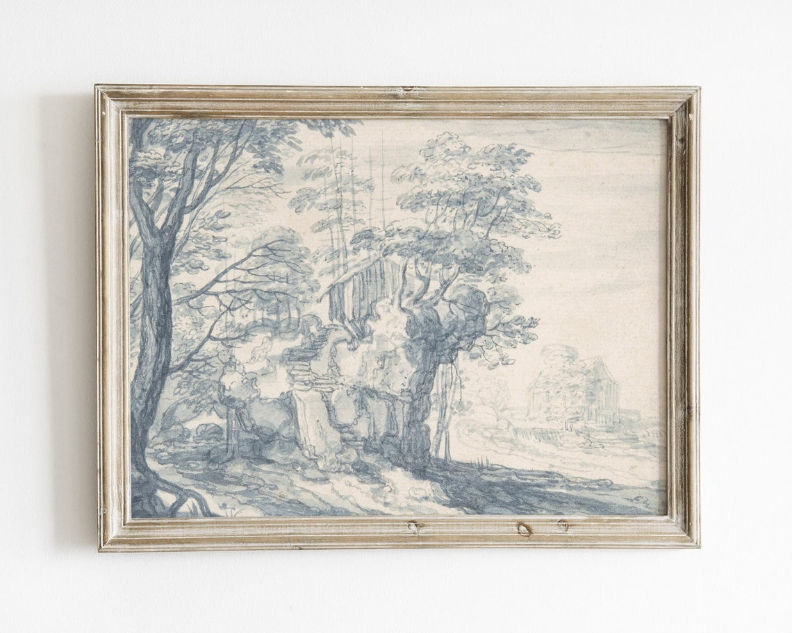 Blue Willow Wall Art, Chinoiserie Landscape Print, Unframed Paper ...