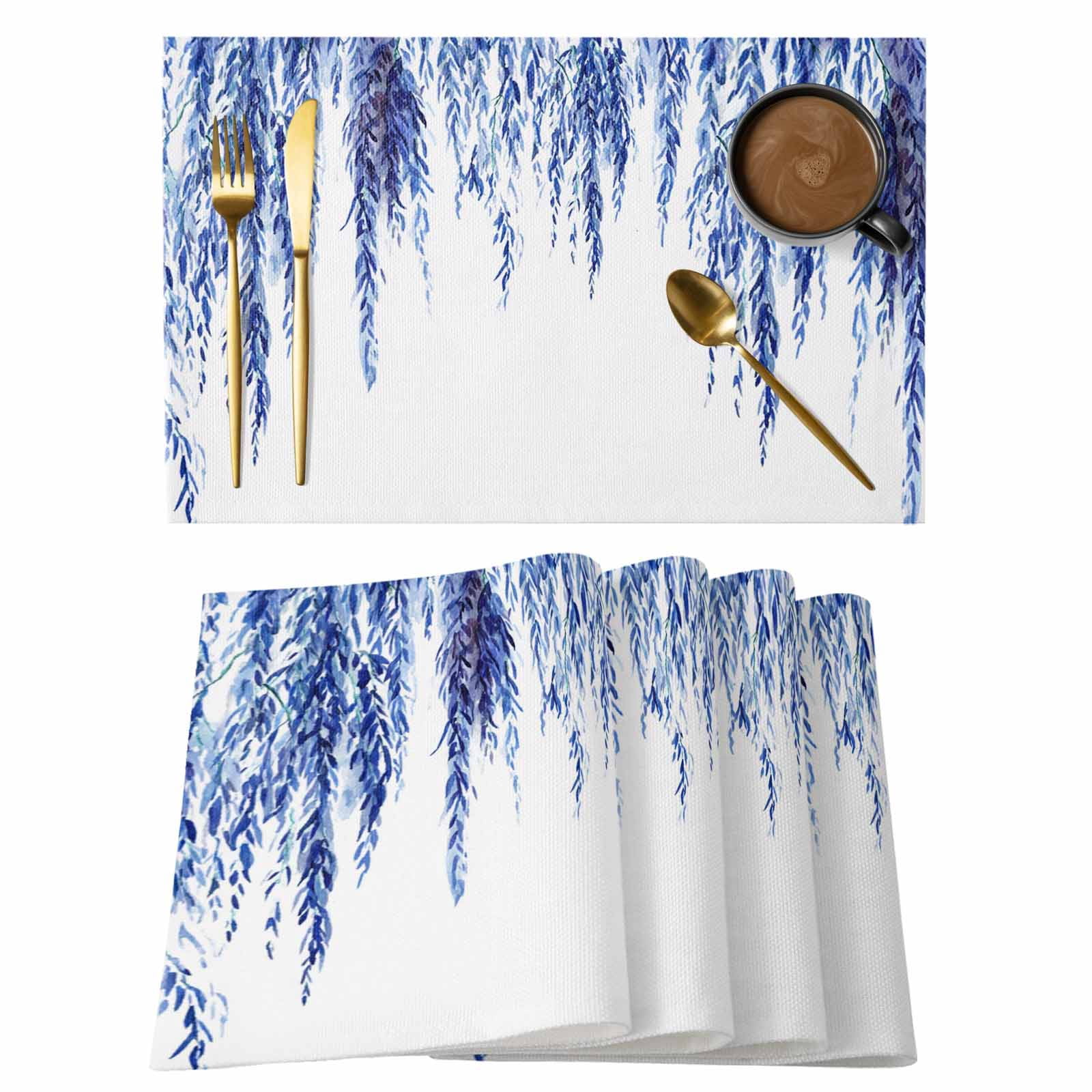 Blue Willows Cotton Linen Placemats Set of 1, Watercolor Spring Falling ...