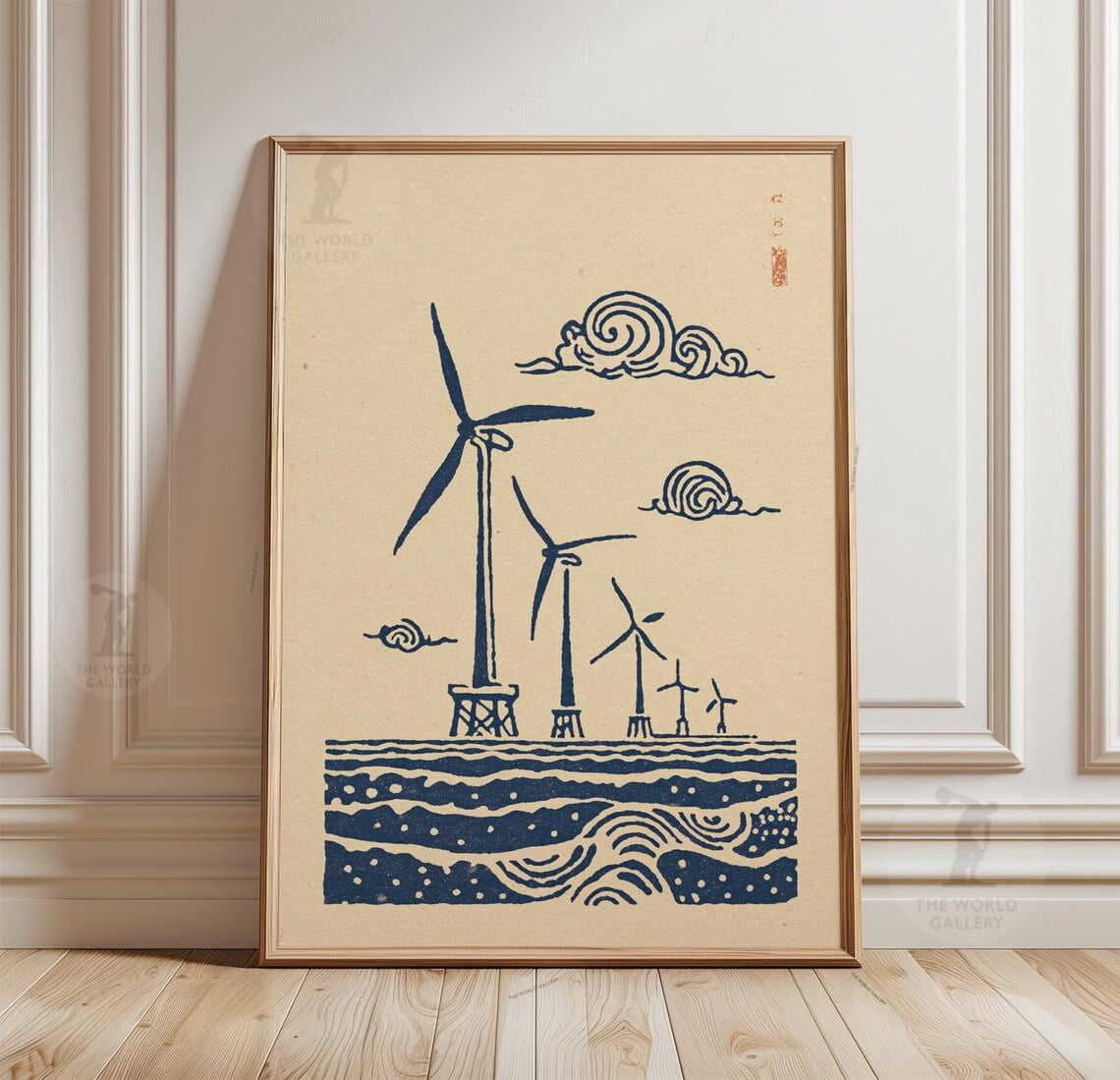 Blue Wind Turbine Japanese Style Paper Coastal Nature Wall Art Unframed ...