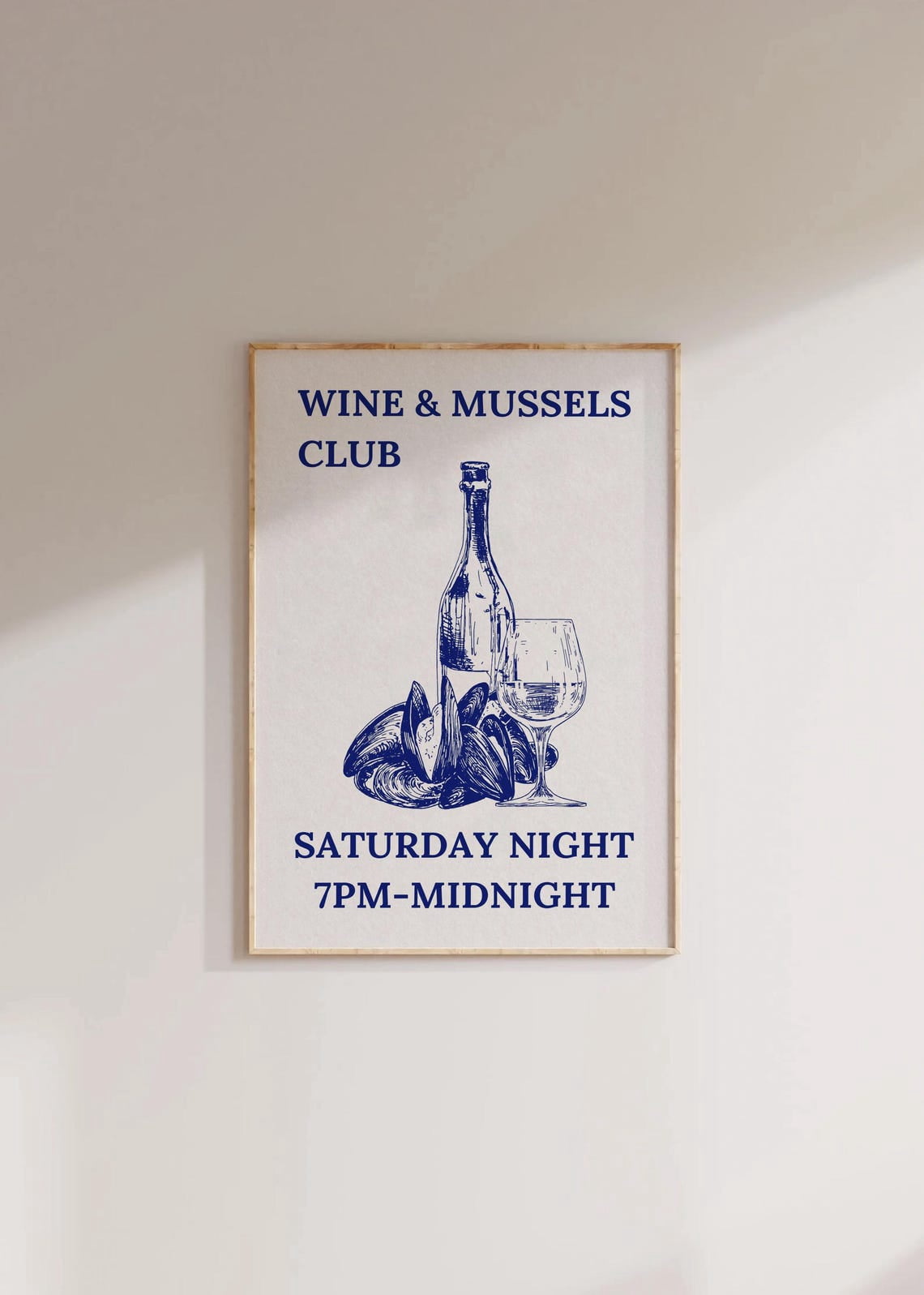 Blue Wine And Mussels Club Trendy Wall Art Aesthetic Kitchen Decor Cute ...