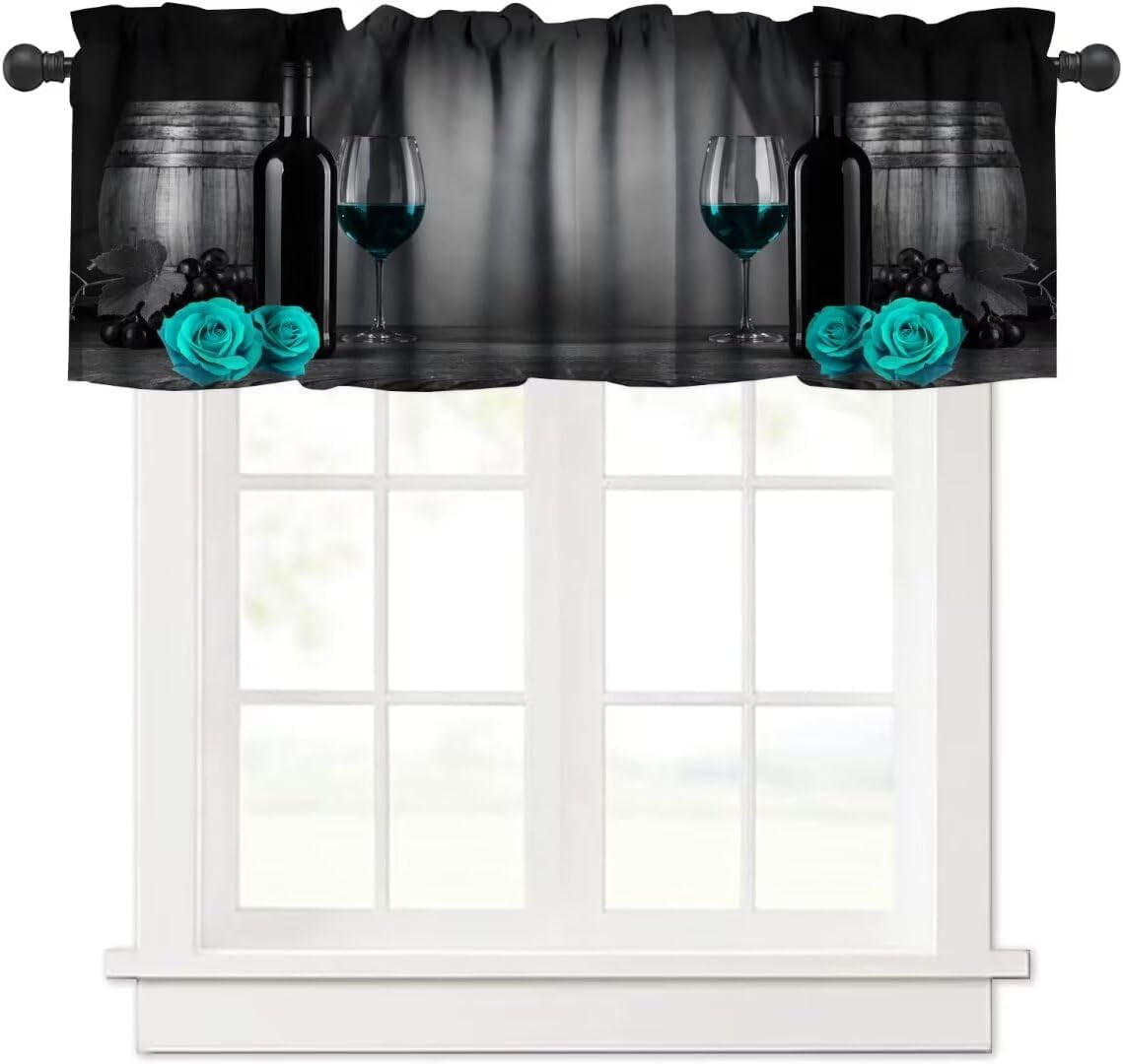 Blue Wine Valance, Romantic Teal Rose Flower Grape Country Farm Vintage ...