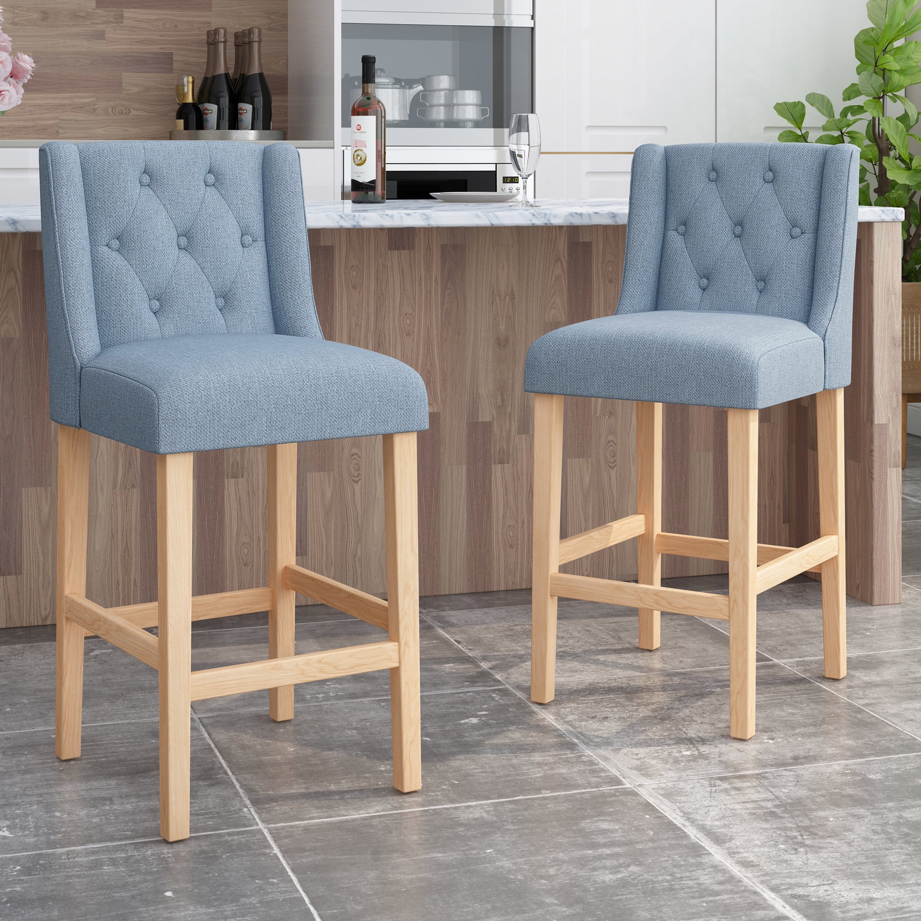 Blue Wingback Counter Stools, 2 , 31" Seat Height, Button Diamond ...
