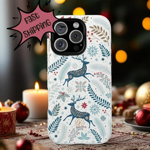 Blue Winter Deer Phone Case Holiday Floral Pattern for iPhone 17 11 12 ...