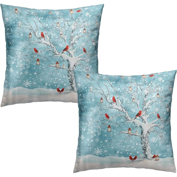 Blue Winter Pillow Covers Christmas Cardinals Tree Snowflake Throw ...