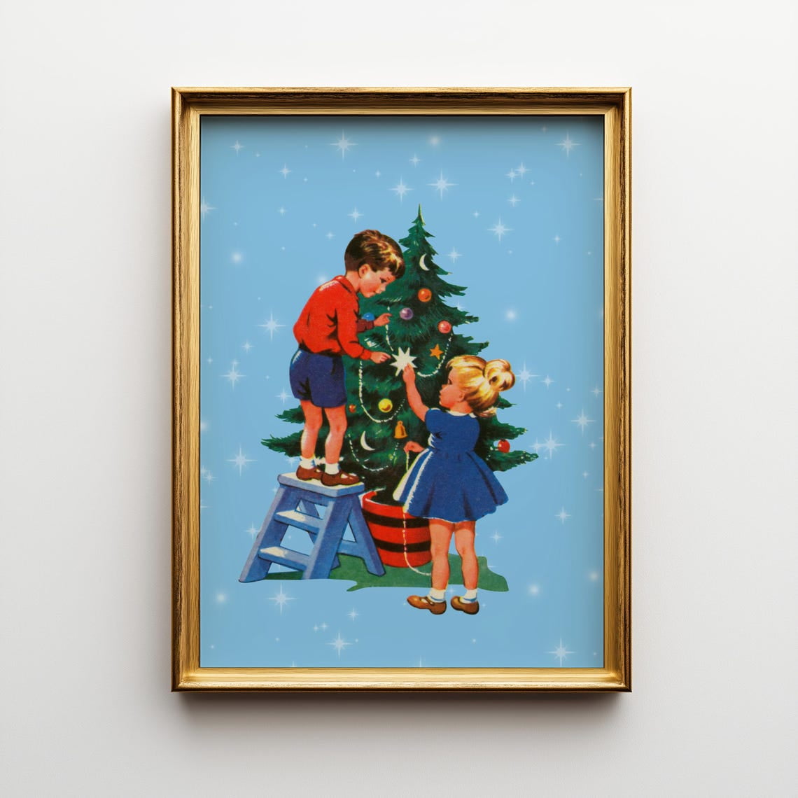 Blue Winter Print Vintage Tree Wall Decor Retro Nostalgic Winter Tree Print Seasonal Artwork ...