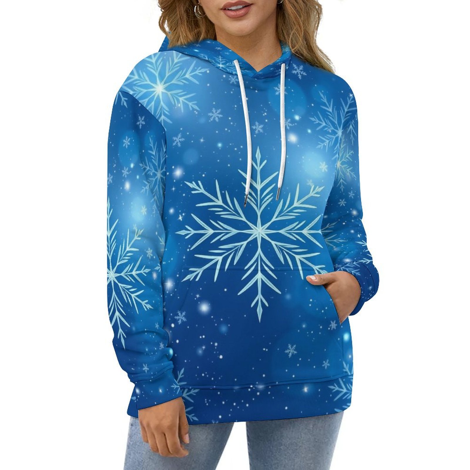 Blue Winter Snowflakes Hoodies Long Sleeve Casual Hoodie Winter Classic ...