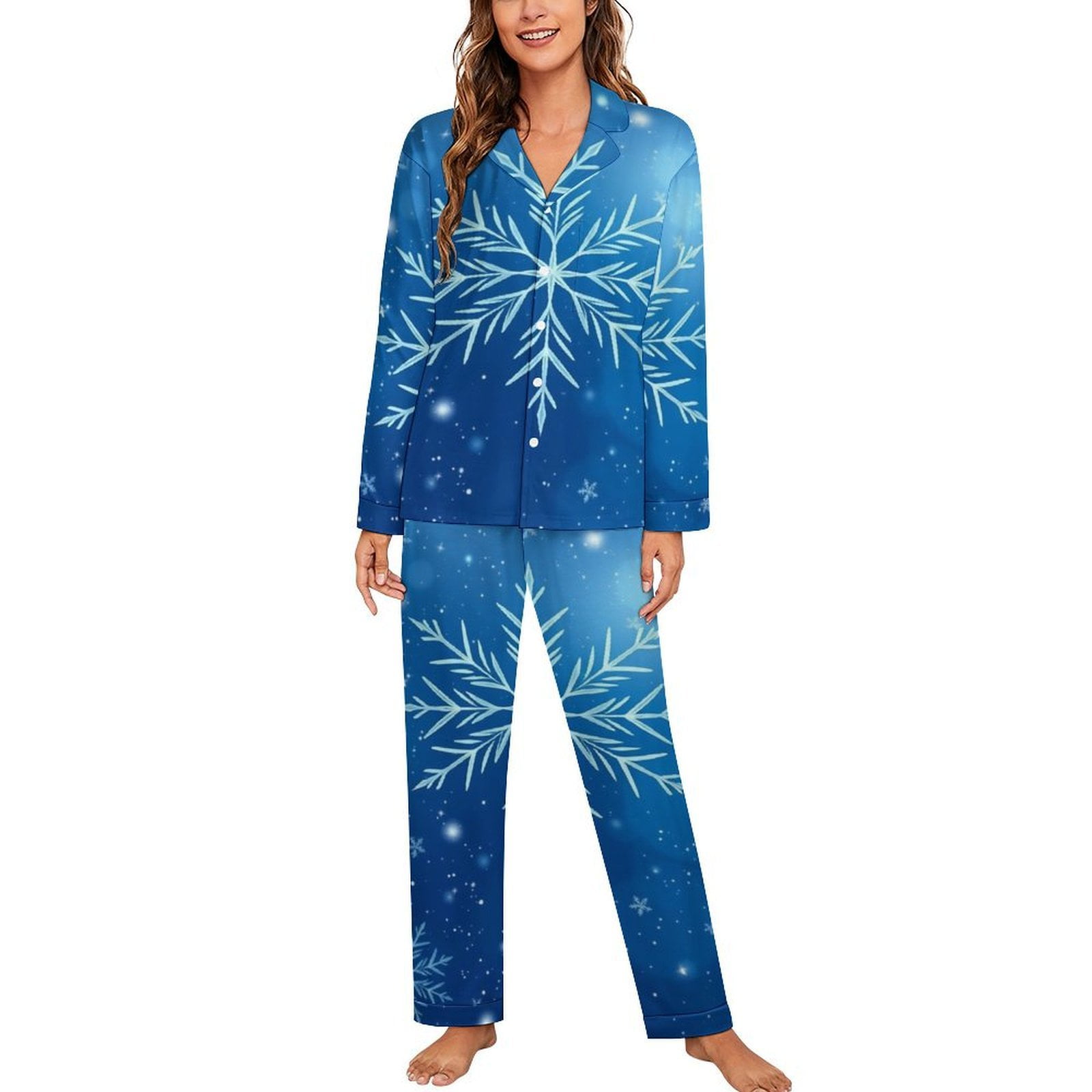 Blue Winter Snowflakes Pajamas Woman Home Suit Autumn Long Sleeve 2 ...