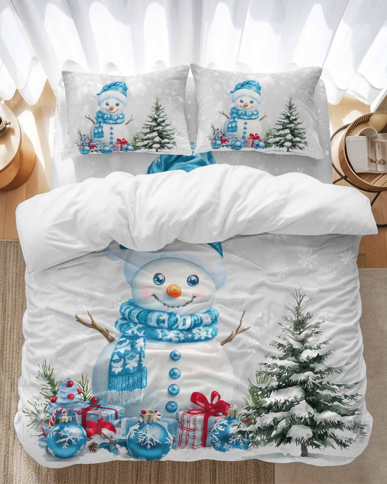 Blue Winter Snowman Bedding Duvet Cover Set Full Size 4 Pieces ...