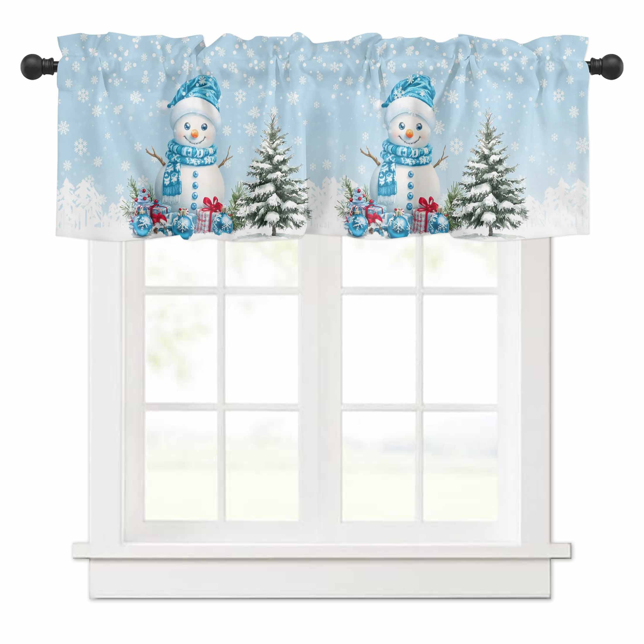 Blue Winter Snowman Valances for Windows Watercolor Christmas Tree Xmas ...