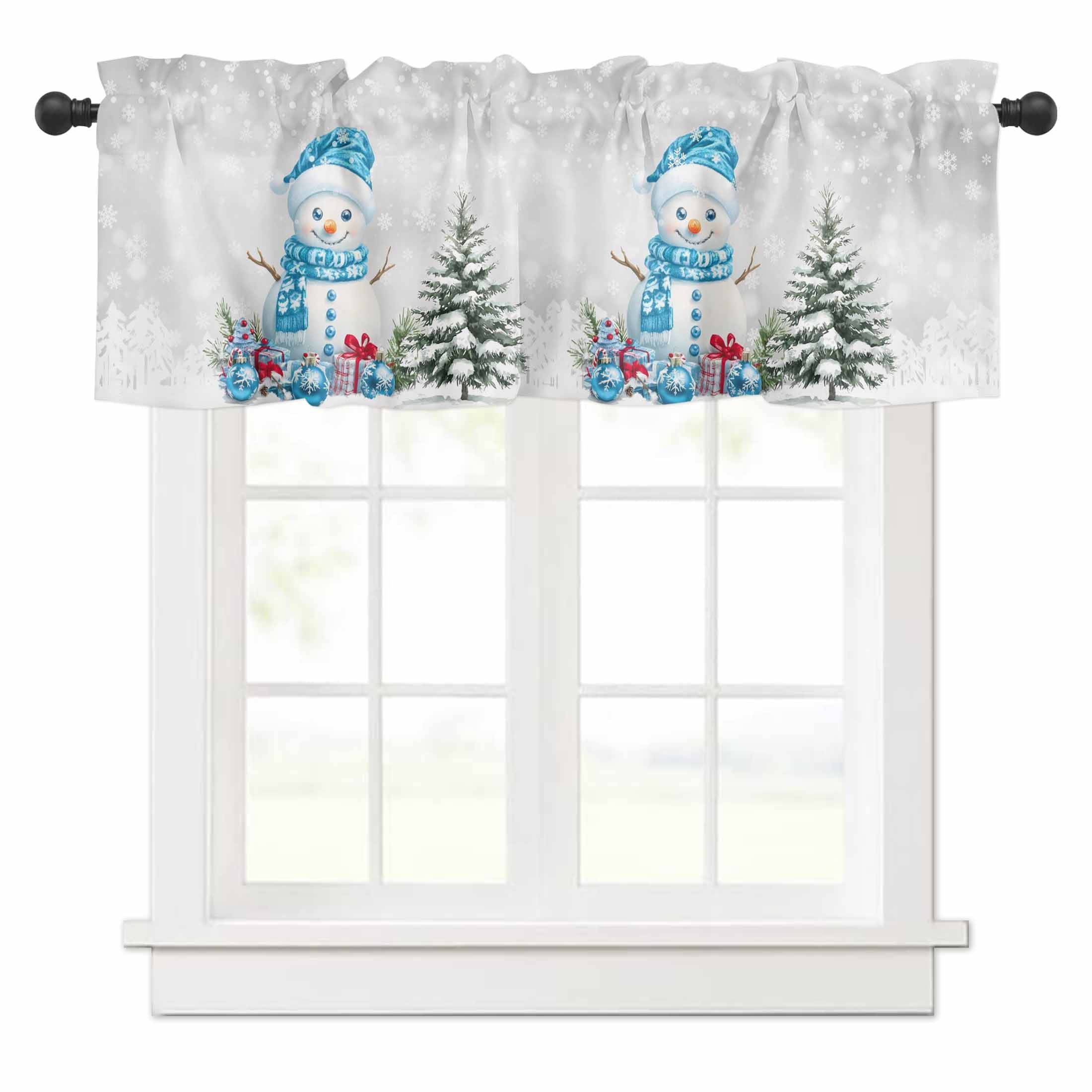 Blue Winter Snowman Valances for Windows Watercolor Pine Tree Xmas Ball ...