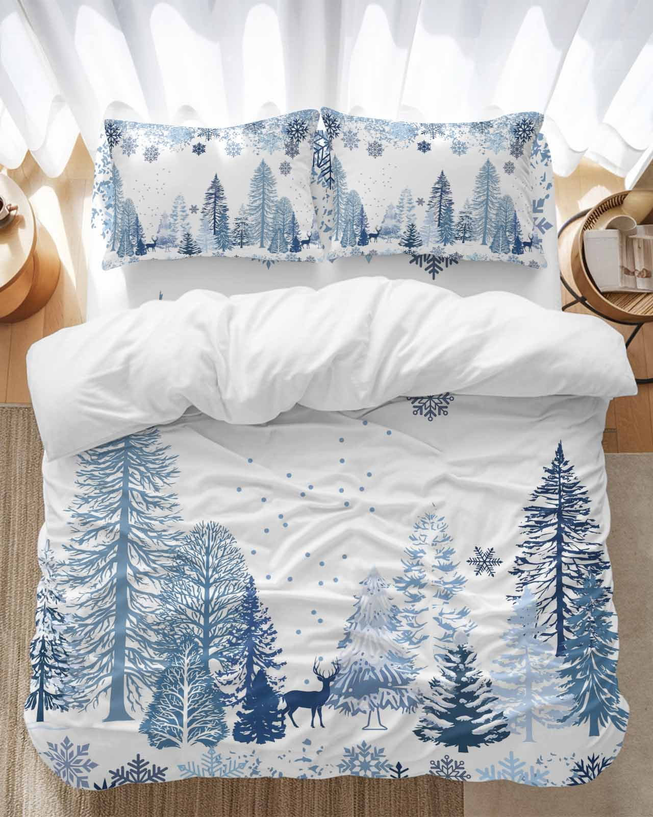Blue Winter Theme Bedding Duvet Cover Set Full Size 4 Pieces Snowflakes ...