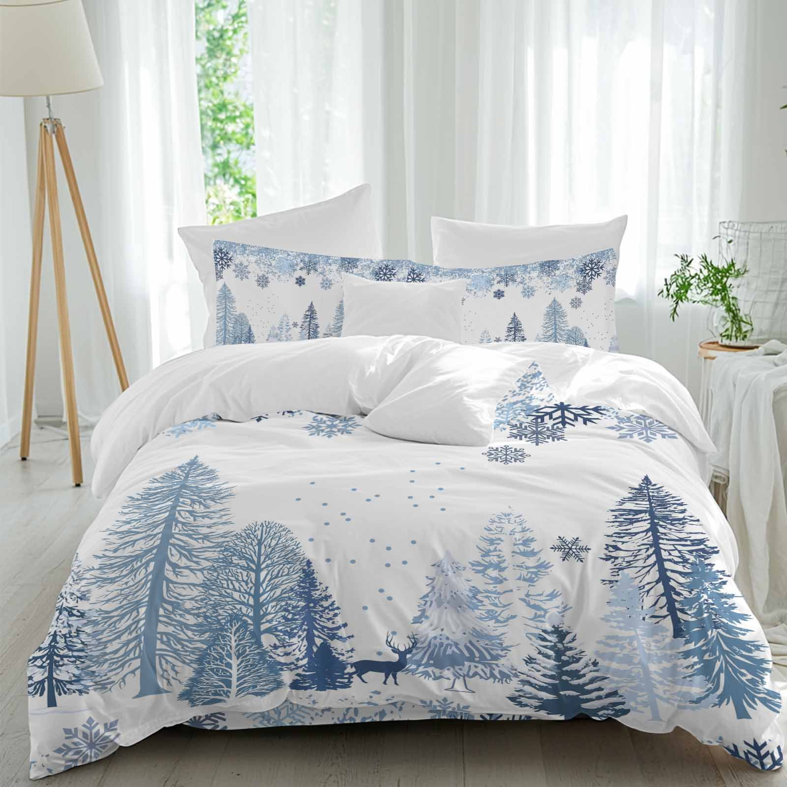 Blue Winter Theme Comforter Set California King Size, Snowflakes Trees ...