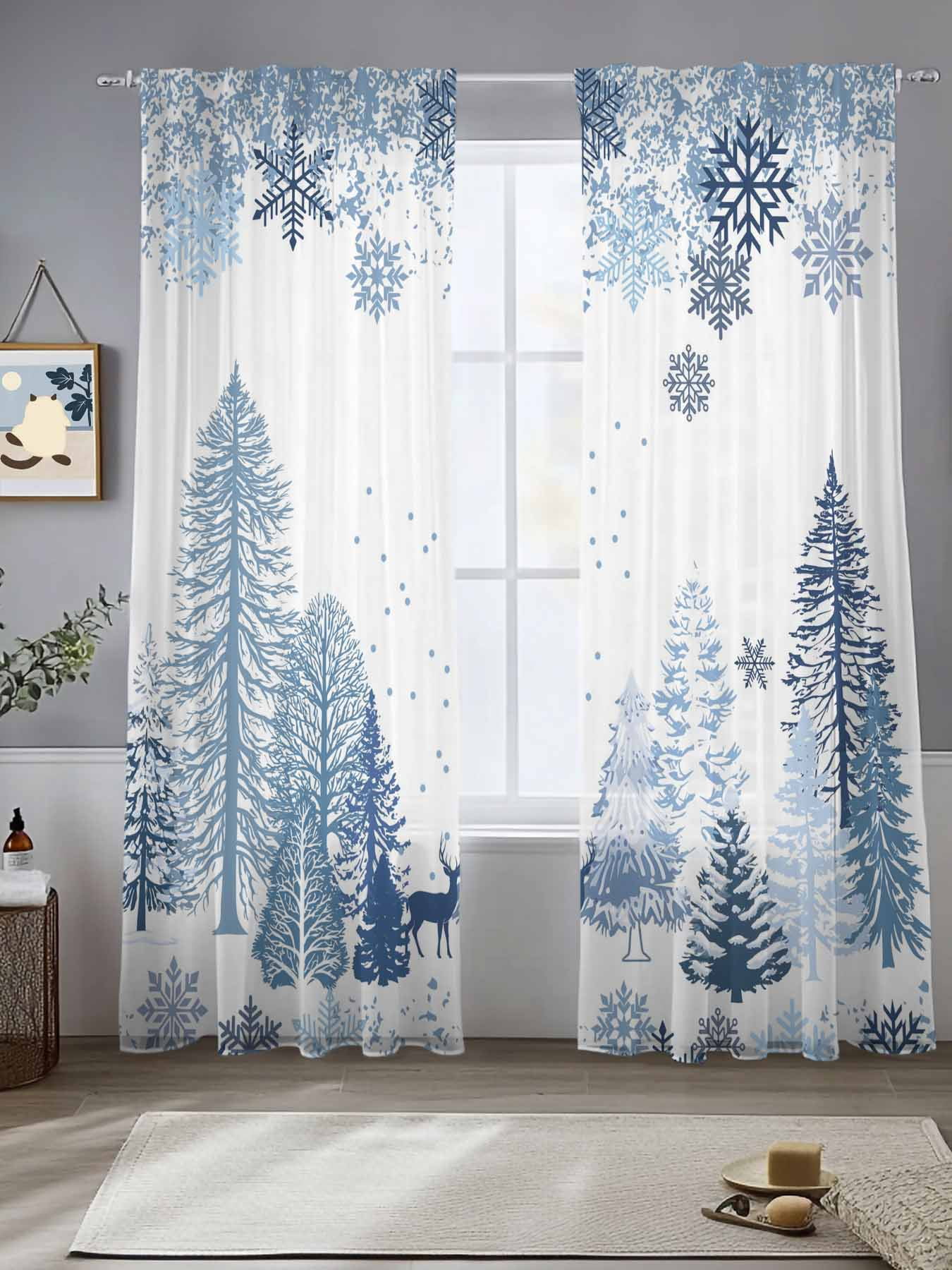 Blue Winter Theme Sheer Curtains 2 Panels Set, 52" W x 84" L Snowflakes ...