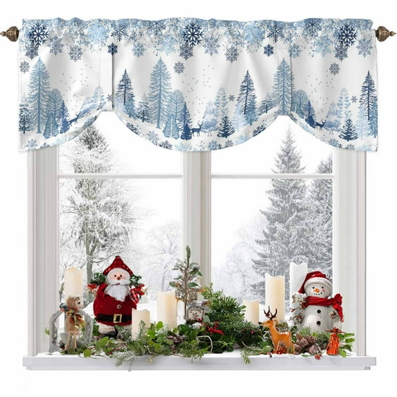 Blue Winter Theme Tie Up Valances Curtain, Snowflakes Trees Snow ...