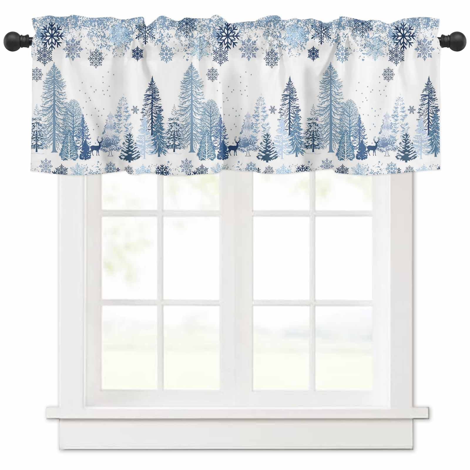 Blue Winter Theme Valances for Windows, Snowflakes Trees Snow Christmas ...