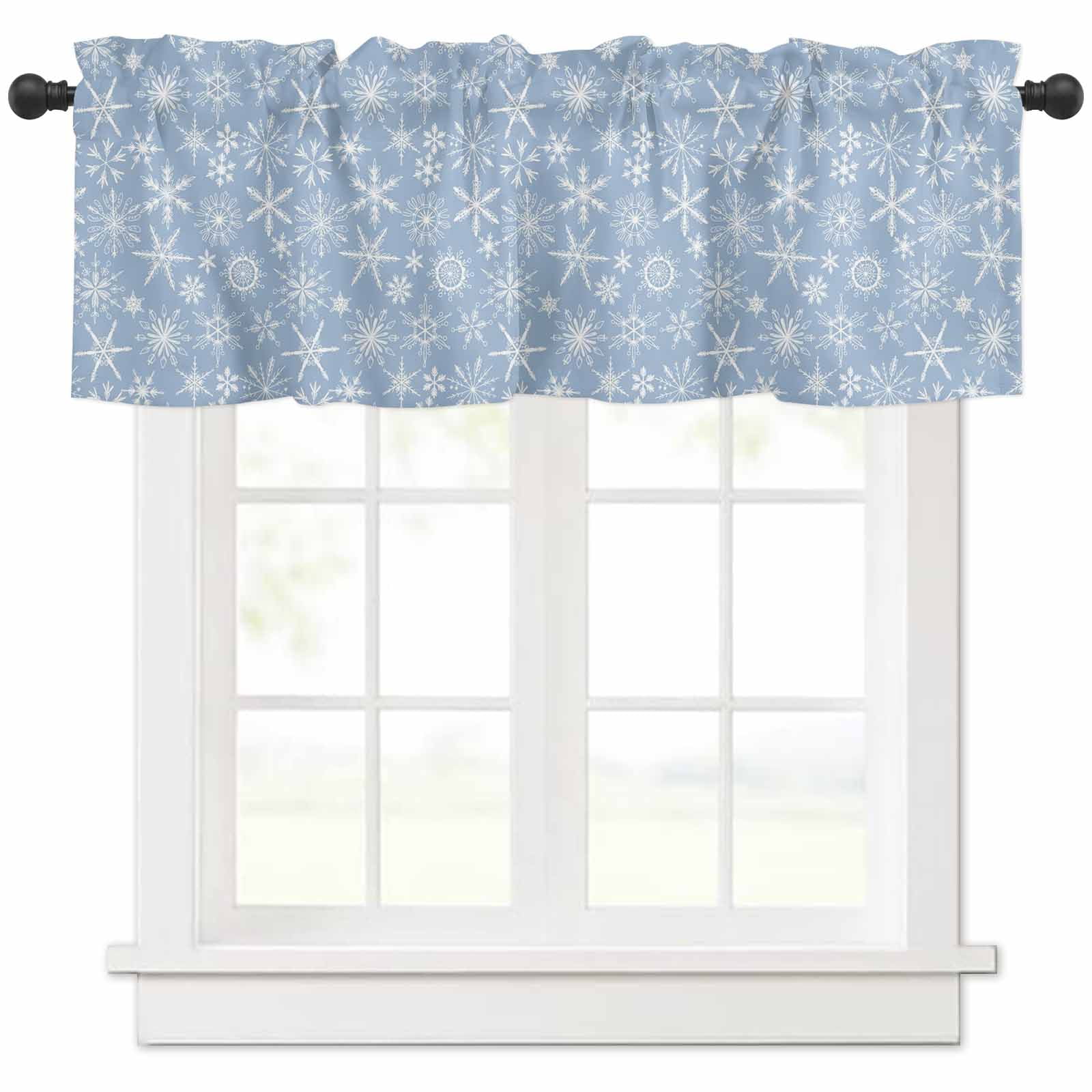 Blue Winter Valances for Windows, Snowflake Christmas Falling Snow ...