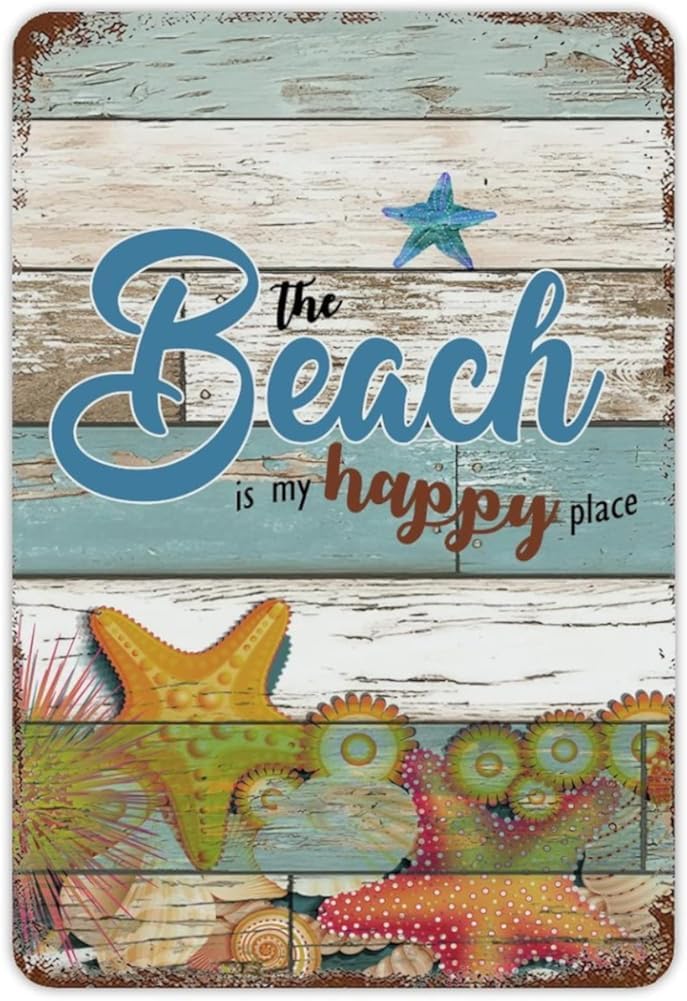 Blue Wod Grain Tin Sign The Beach Is My Happy Place Metal Plaque ...