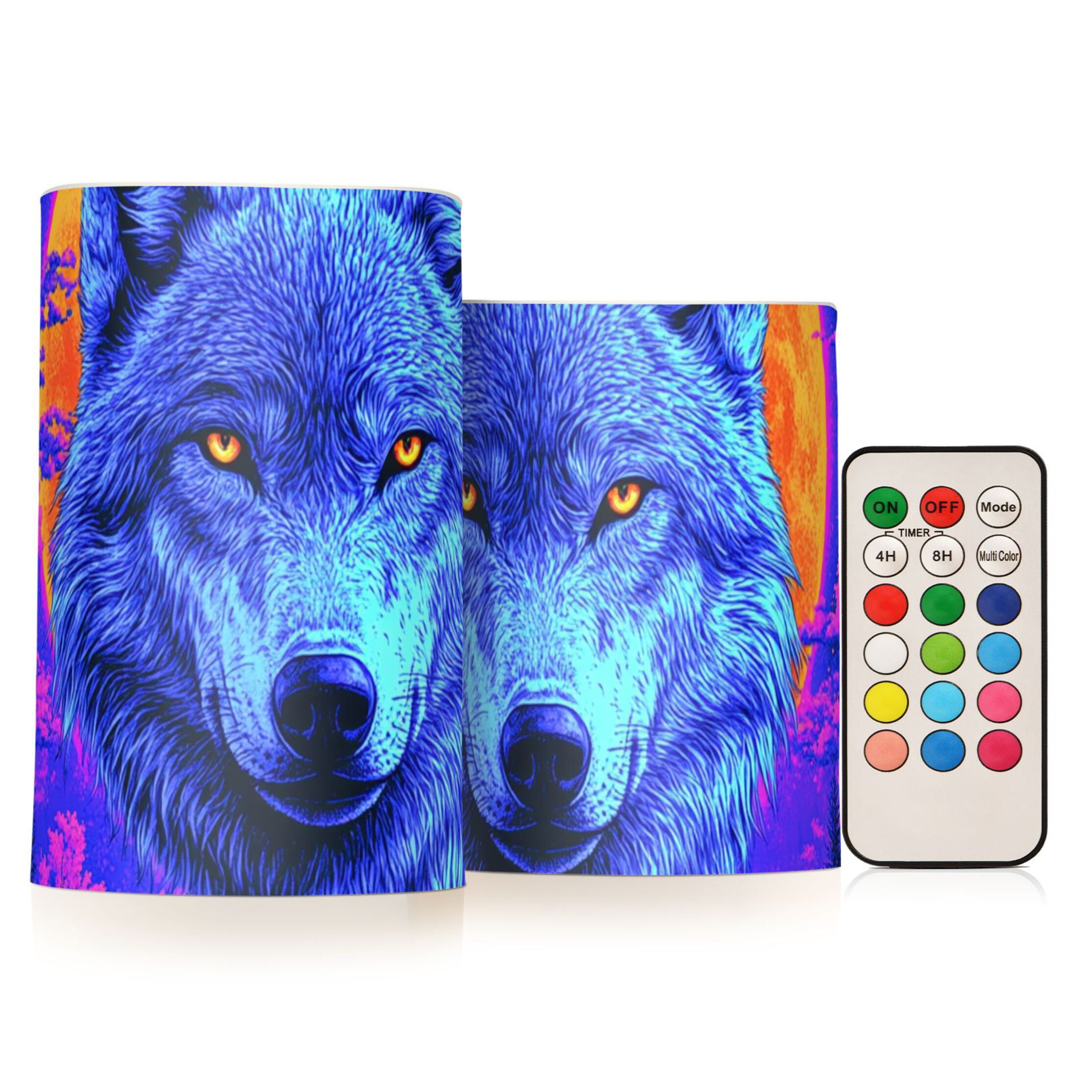 Blue Wolf Art Print Flickering Flameless Candles Battery Operated with Remote Timer LED Pillar ...