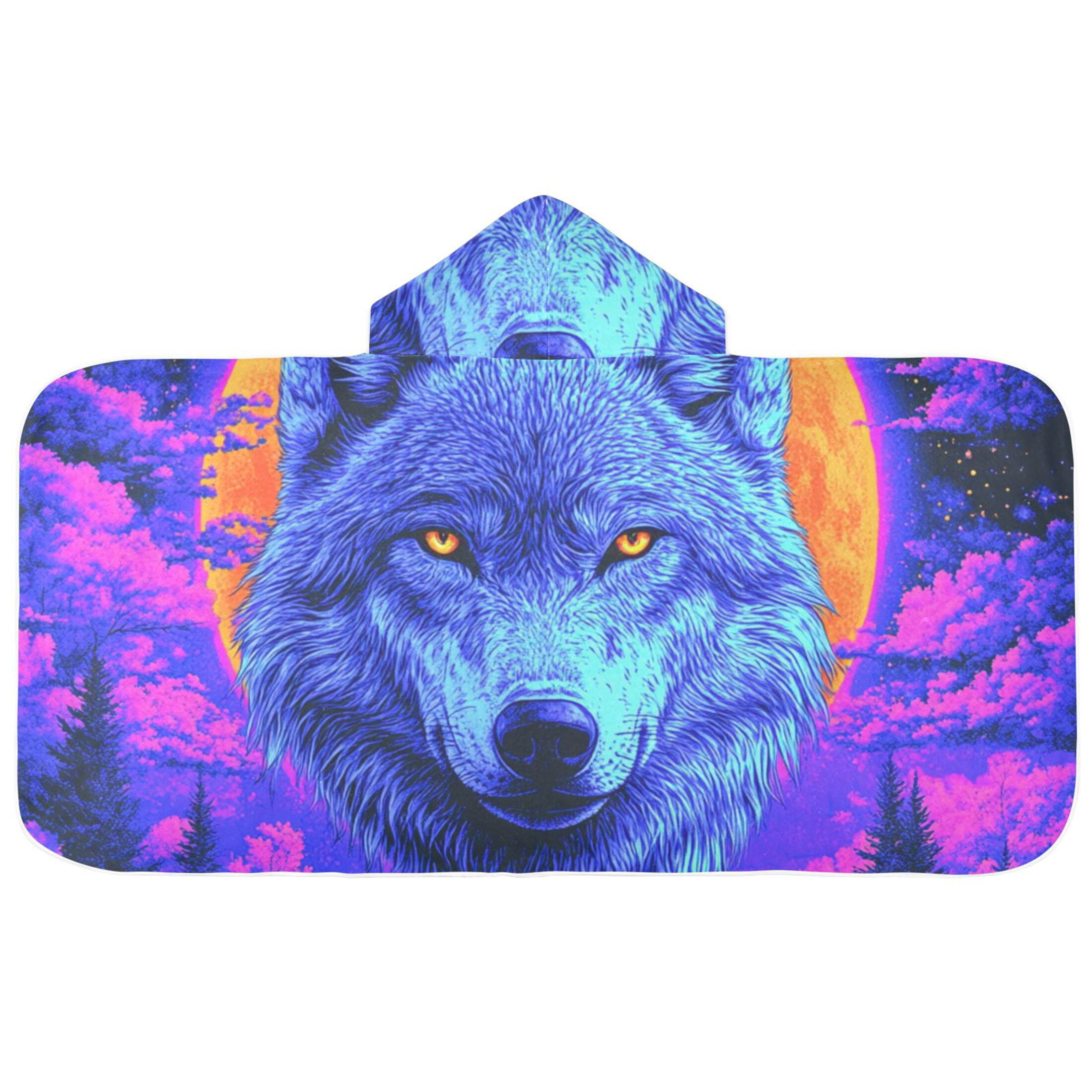 Blue Wolf Art Print Hooded Beach Towel Kids Bath Towels Quick Dry for ...