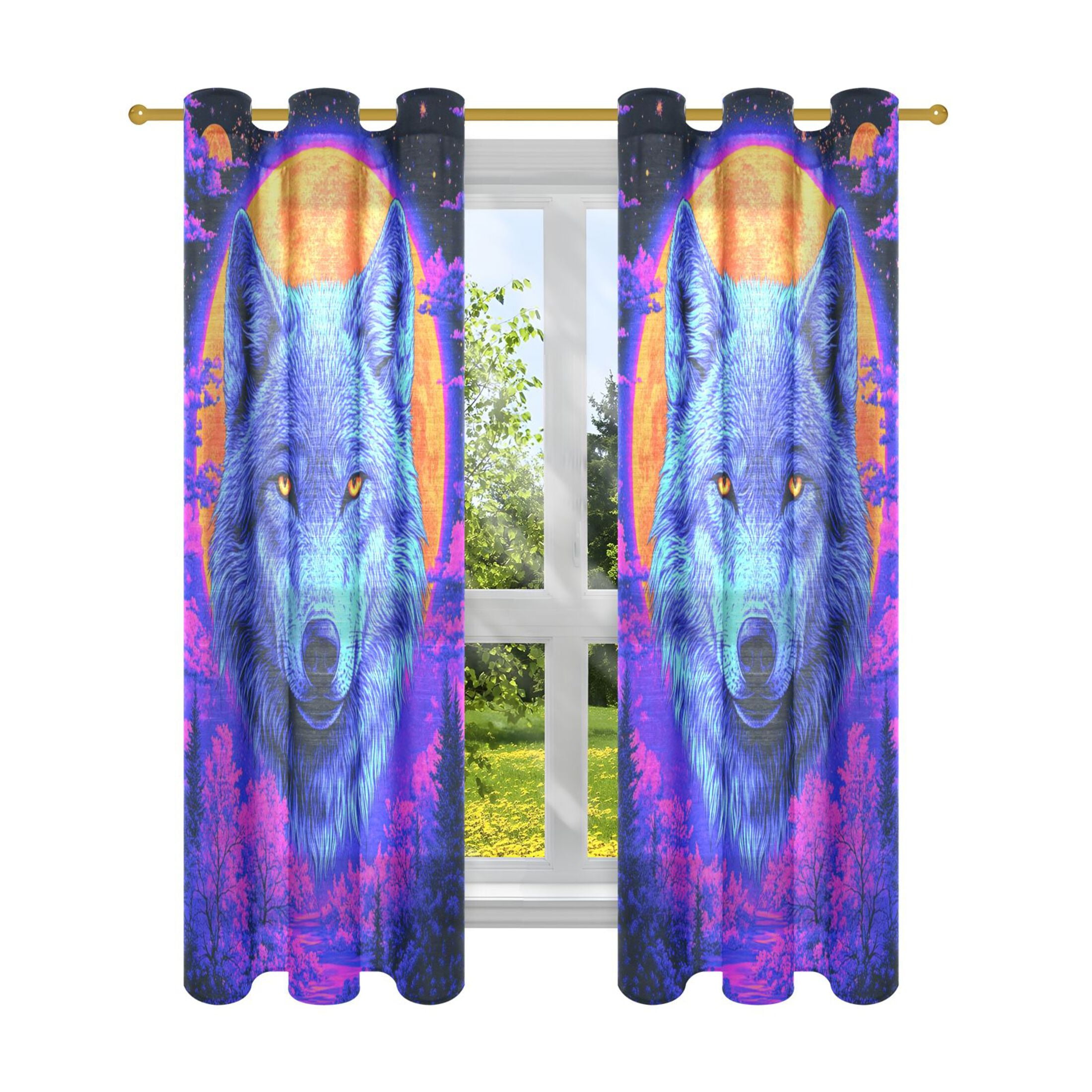 Blue Wolf Art Print Semi Sheer Curtains for Living Room Bedroom Set of ...