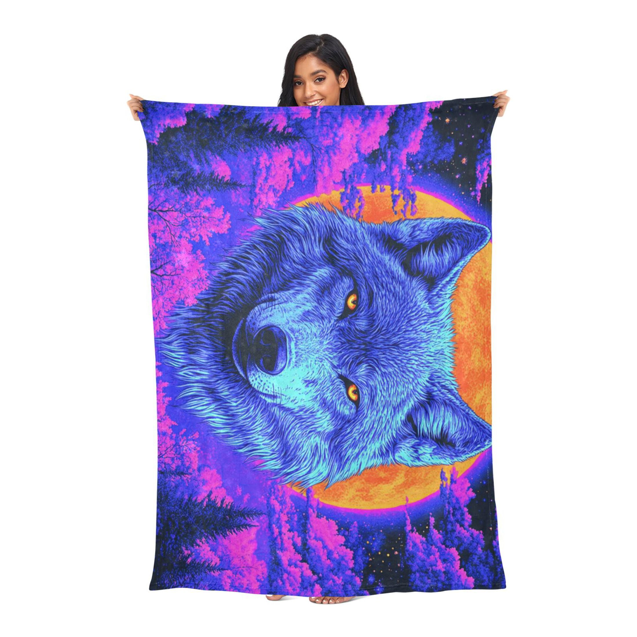 Blue Wolf Art Print Travel Blanket and Pillow 2 in 1 Airplane Compact ...