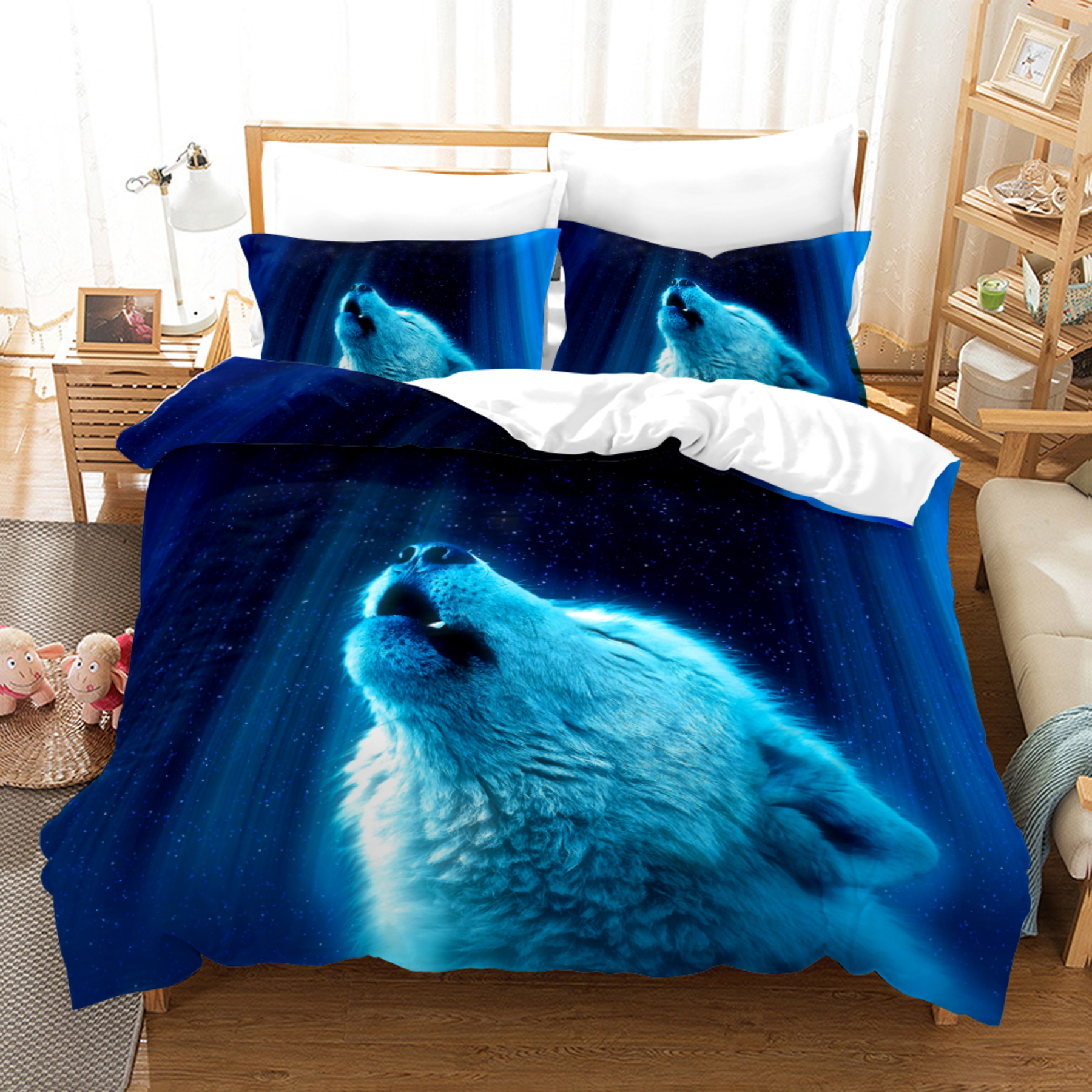 Blue Wolf Bedding Set Duvet Cover & Pillowcases with Starry Night ...