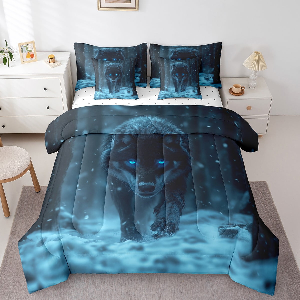 Blue Wolf 7 Pieces Bedding Set Jungle Animlas Comforter Set,Wolves ...