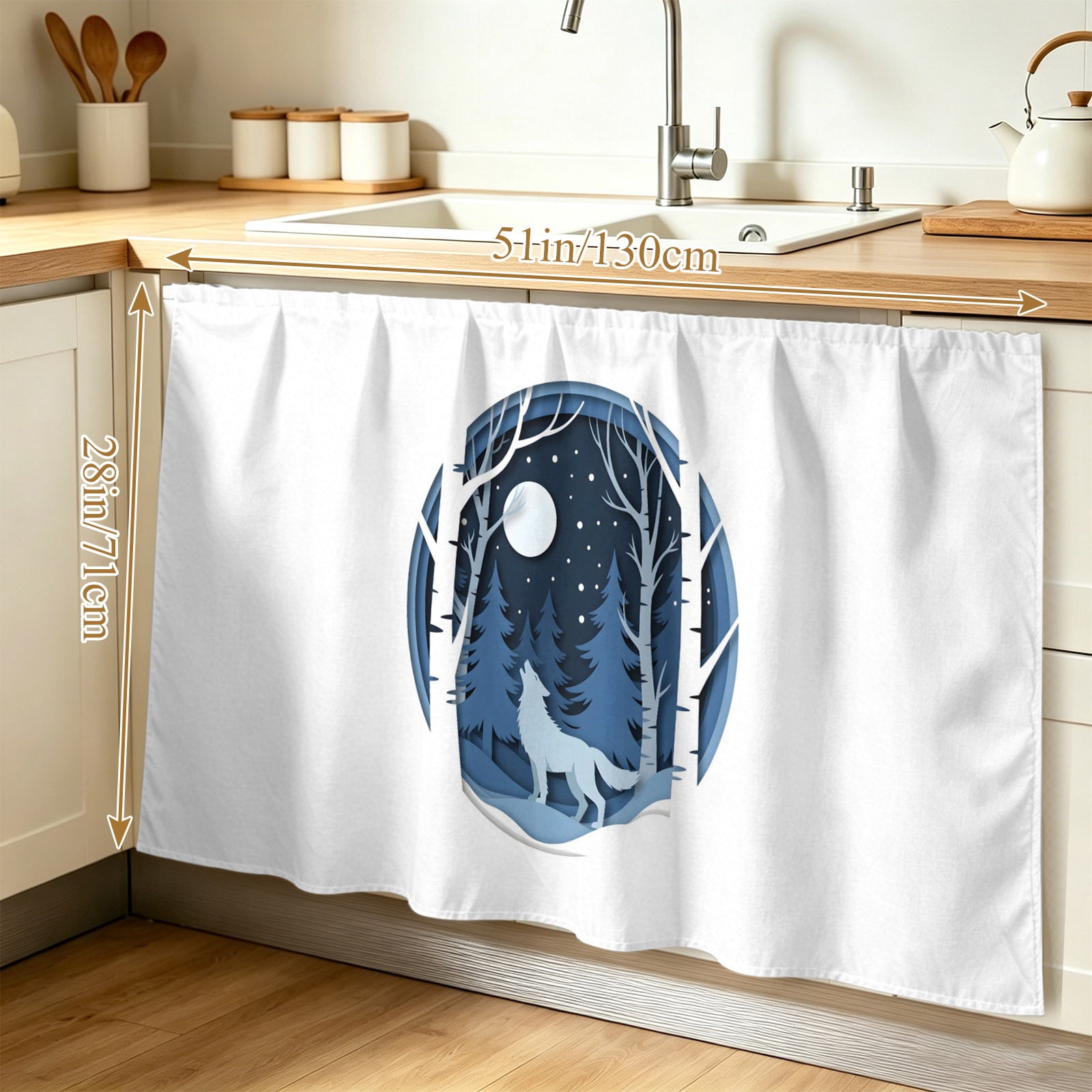 Blue Wolf Cabinet Curtain 28"W x 51"L, Christmas Tree Forest Scissors ...