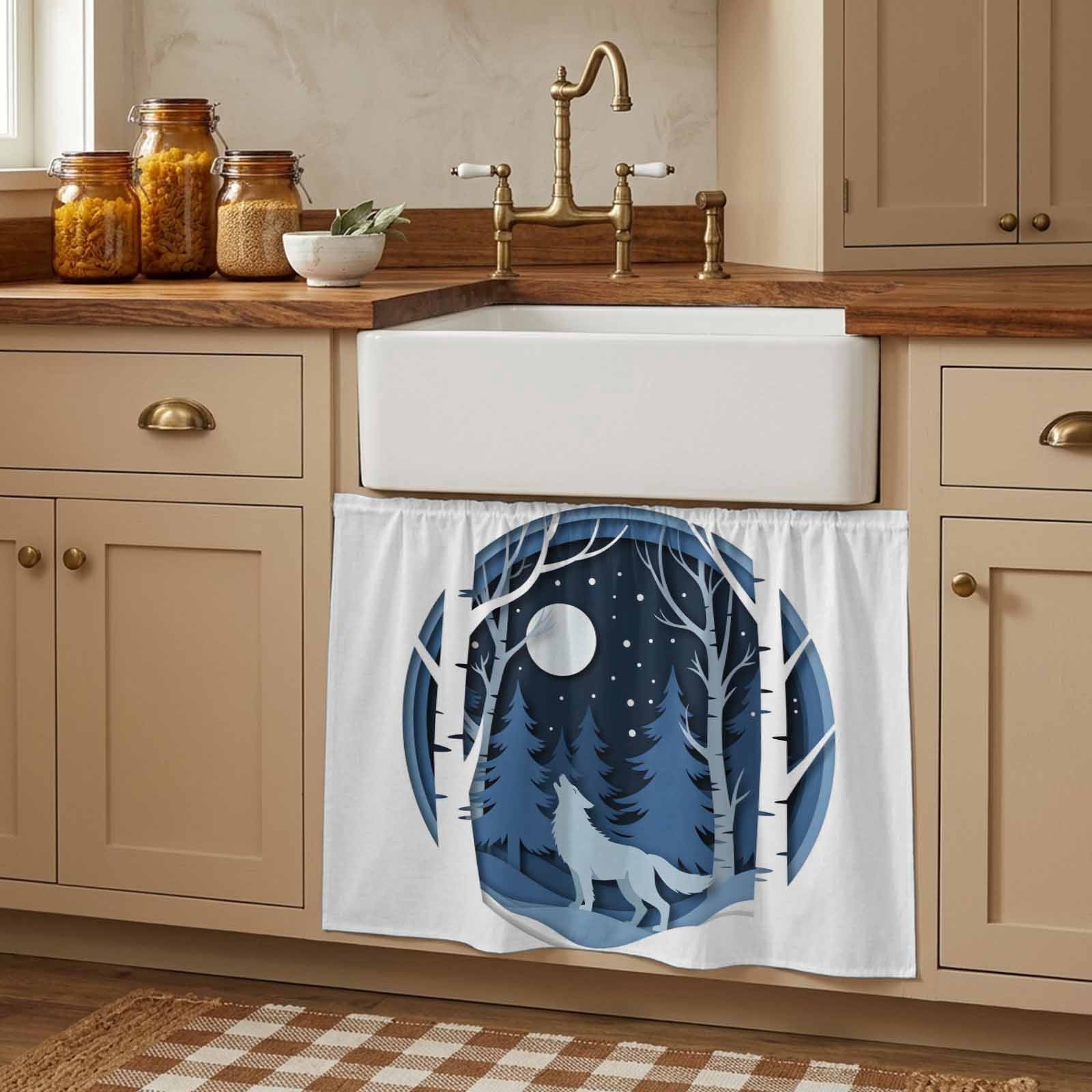 Blue Wolf Cabinet Curtains 28"W x 35"L, Christmas Tree Forest Scissors ...