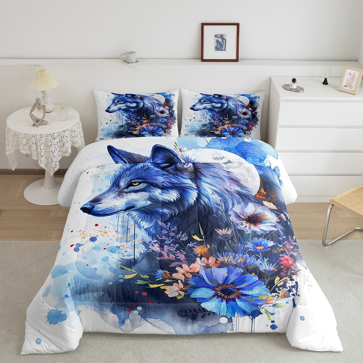 Blue Wolf Comforter Set Queen Size,Colorful Flower Wolf Bedding Set ...
