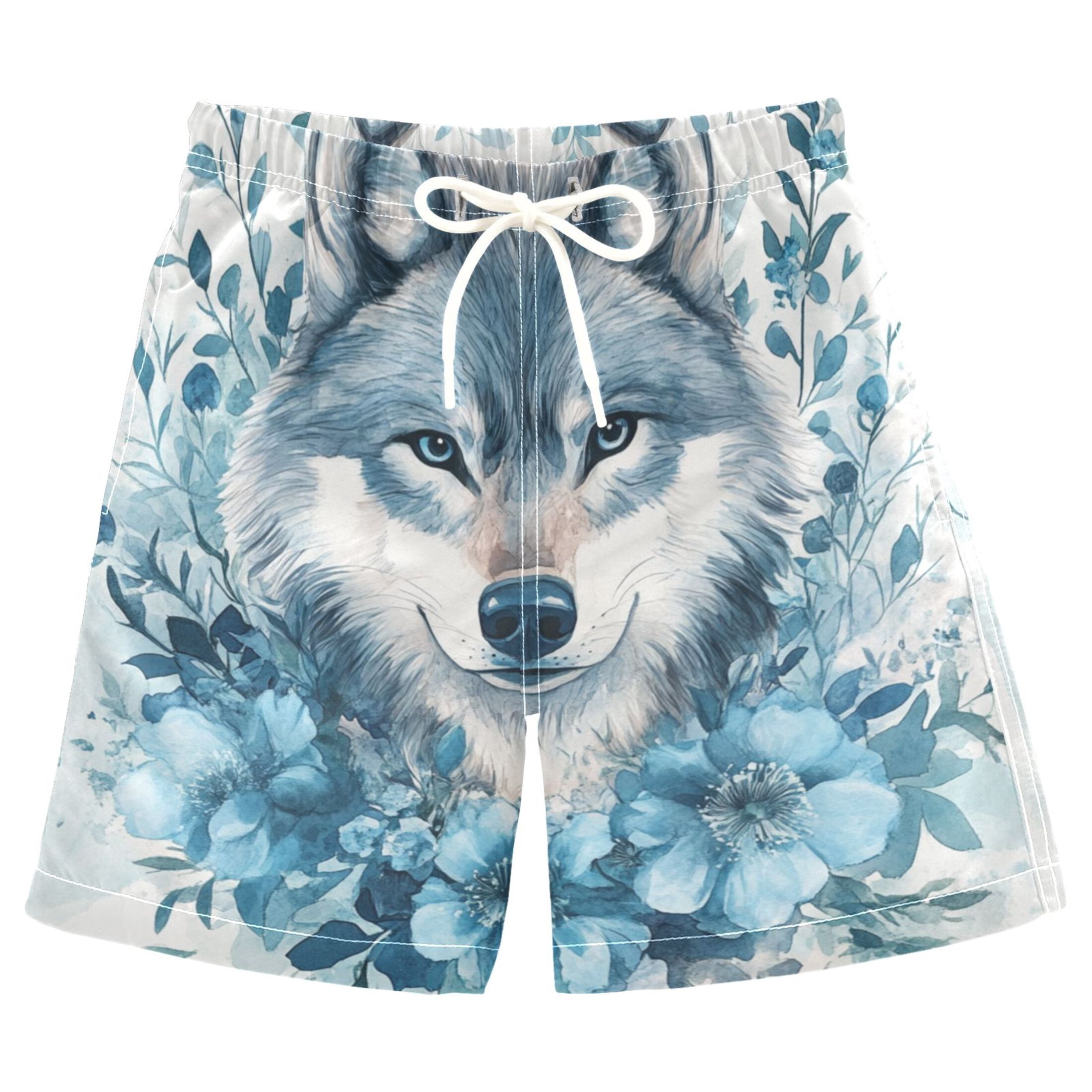 Blue Wolf Face Flowers Watercolor Boys' Beach Pants Board Shorts Swim ...