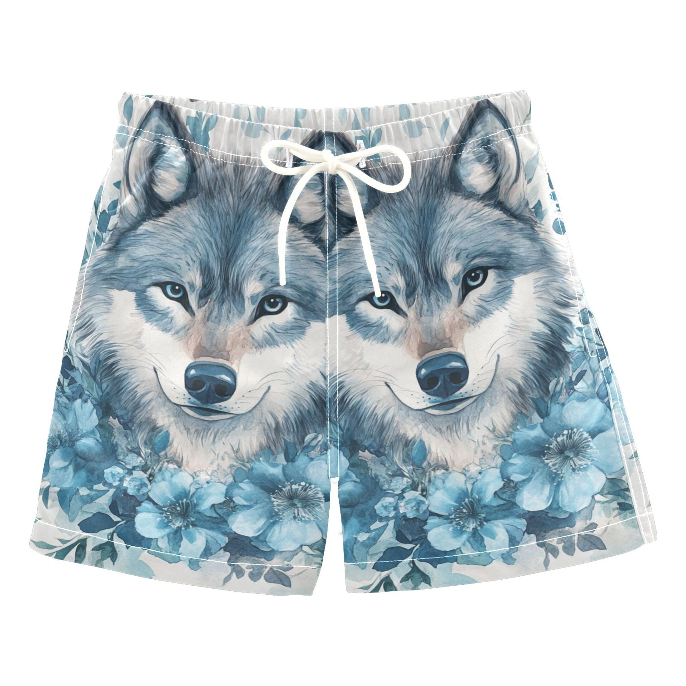 Blue Wolf Face Flowers Watercolor Boys' Swim Trunks Board Shorts Beach ...
