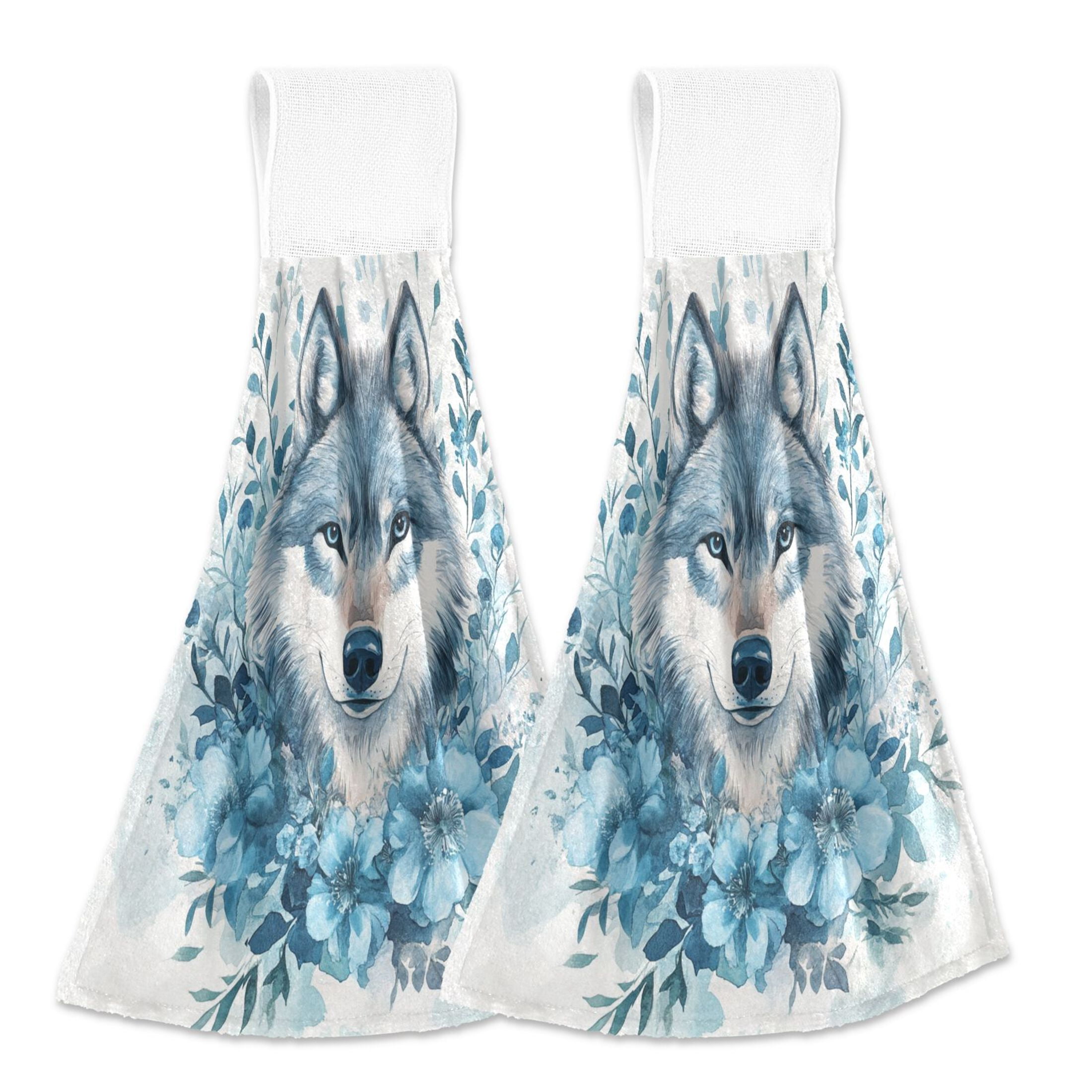 Blue Wolf Face Flowers Watercolor Hanging Towels with Loop Hand Towels ...