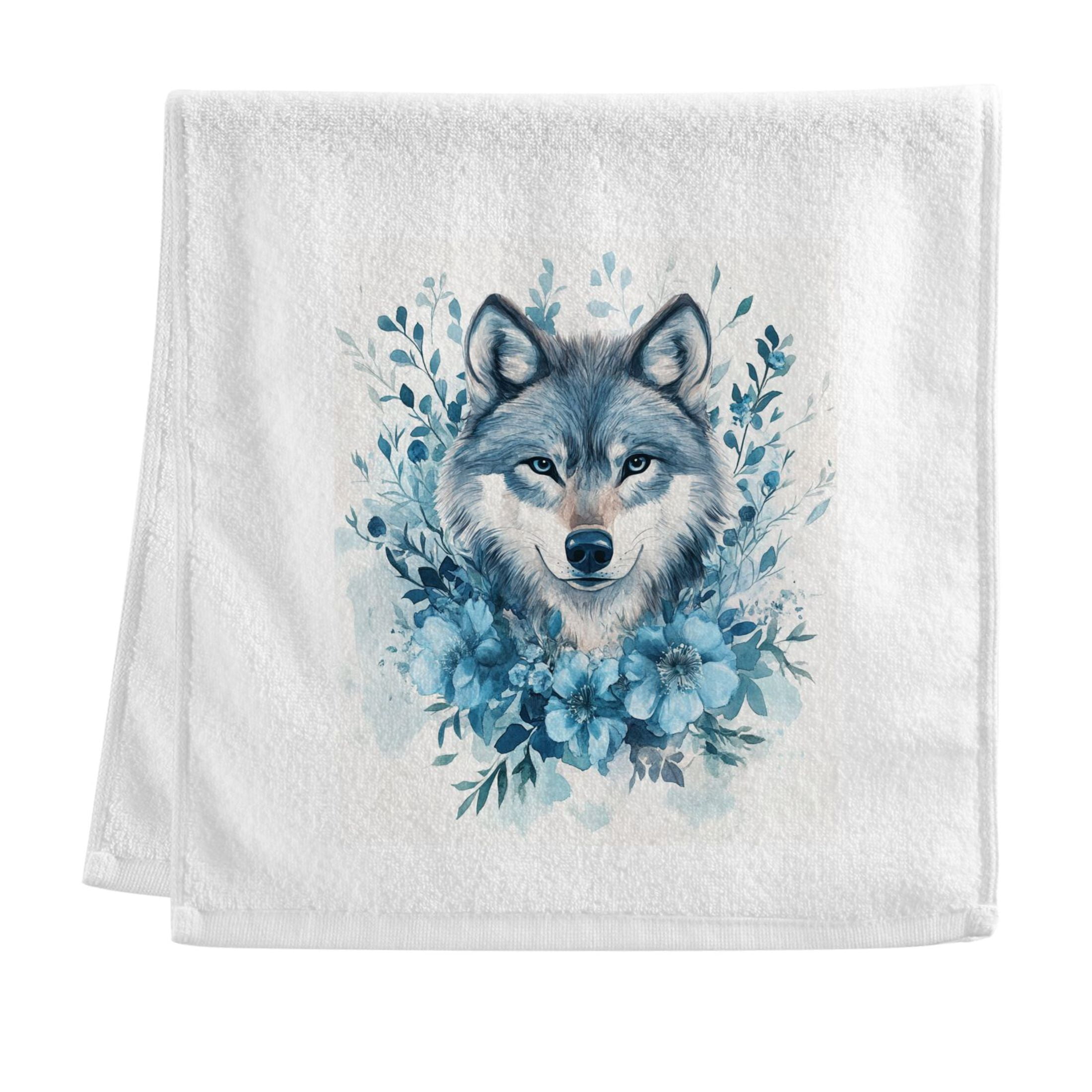 Blue Wolf Face Flowers Watercolor Pure Cotton Towels Bath Towel Quick ...