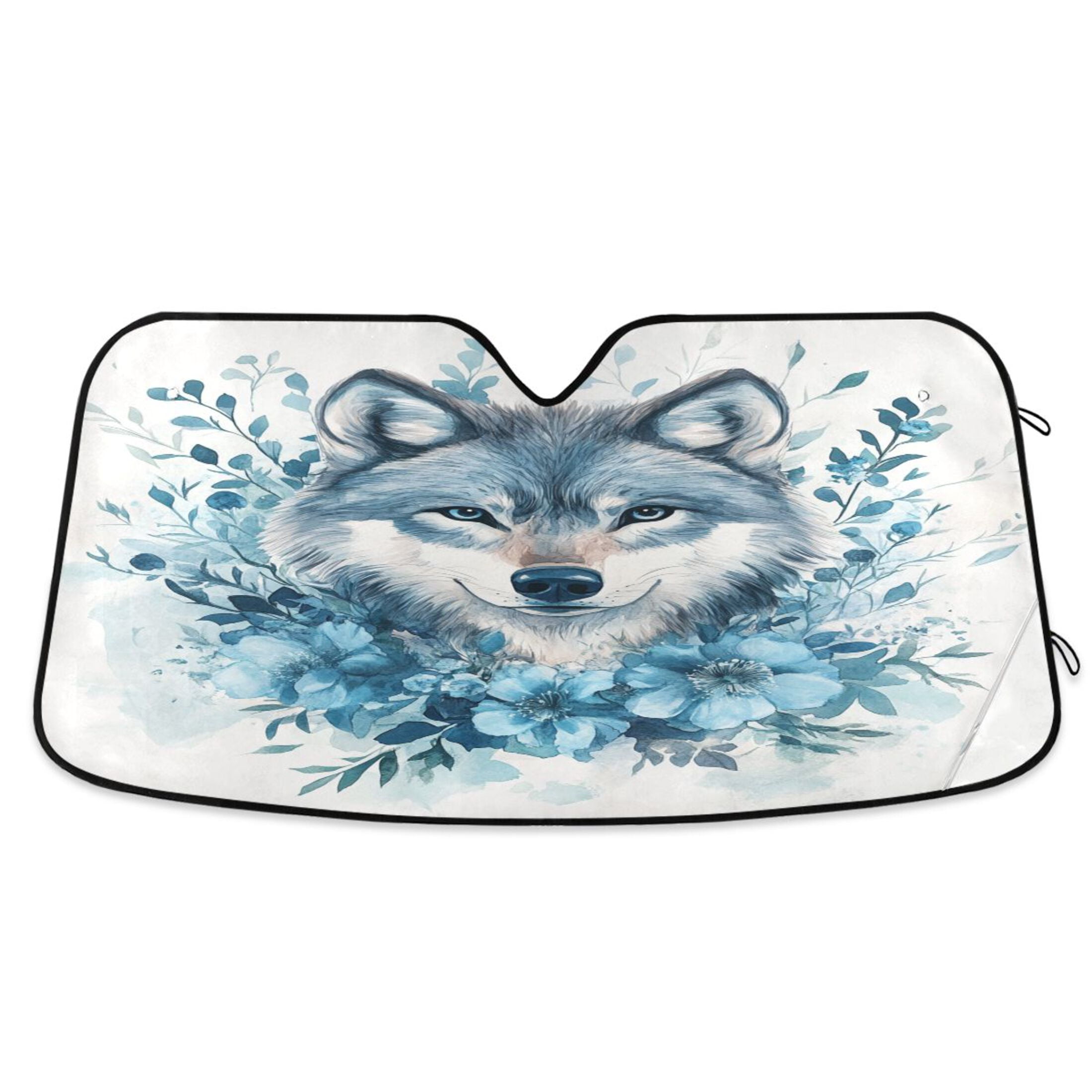 Blue Wolf Face Flowers Watercolor Windshield Sun Shade Automobile Visor ...