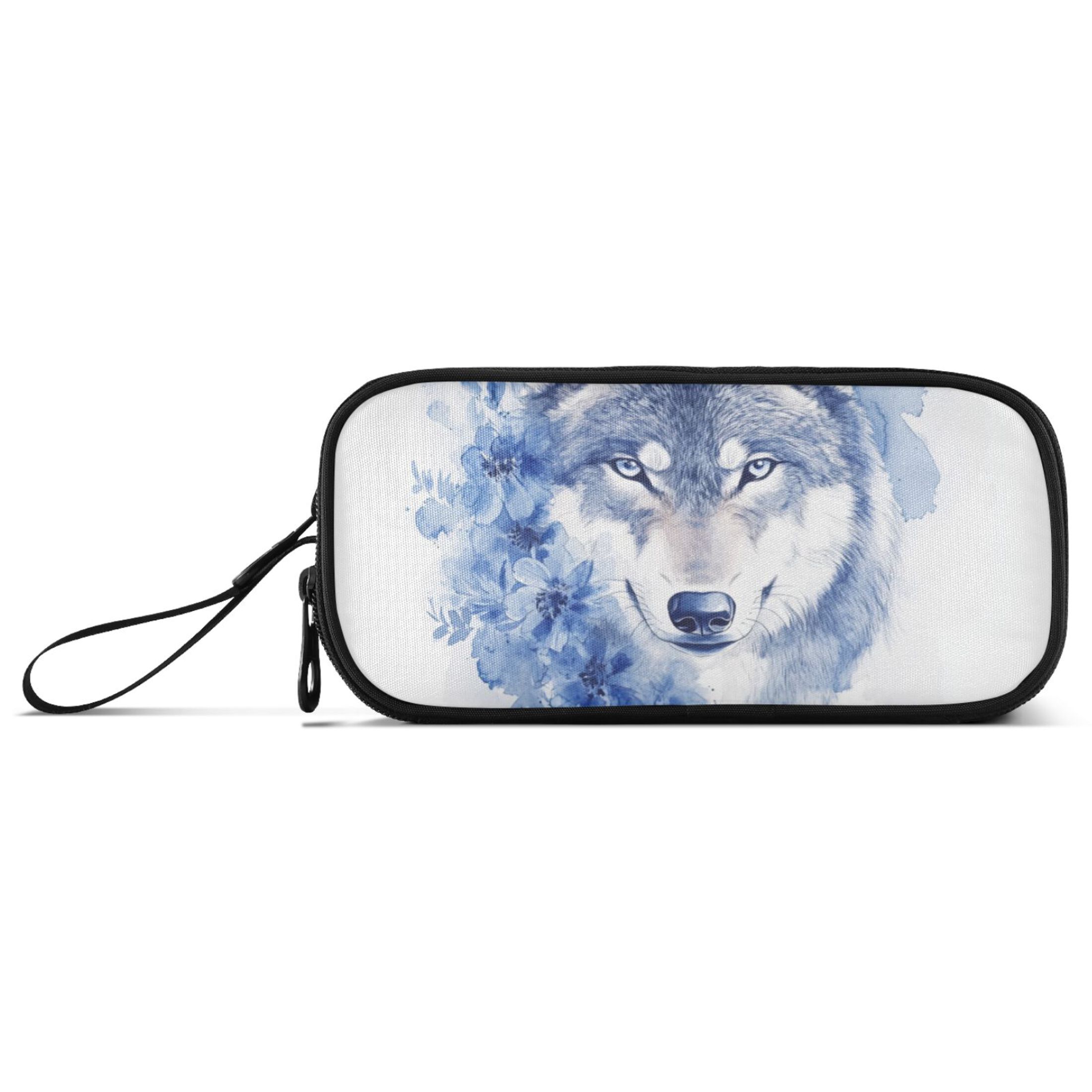 Blue Wolf Flowers Watercolor Pencil Case Stationary Holder Pen Bag ...