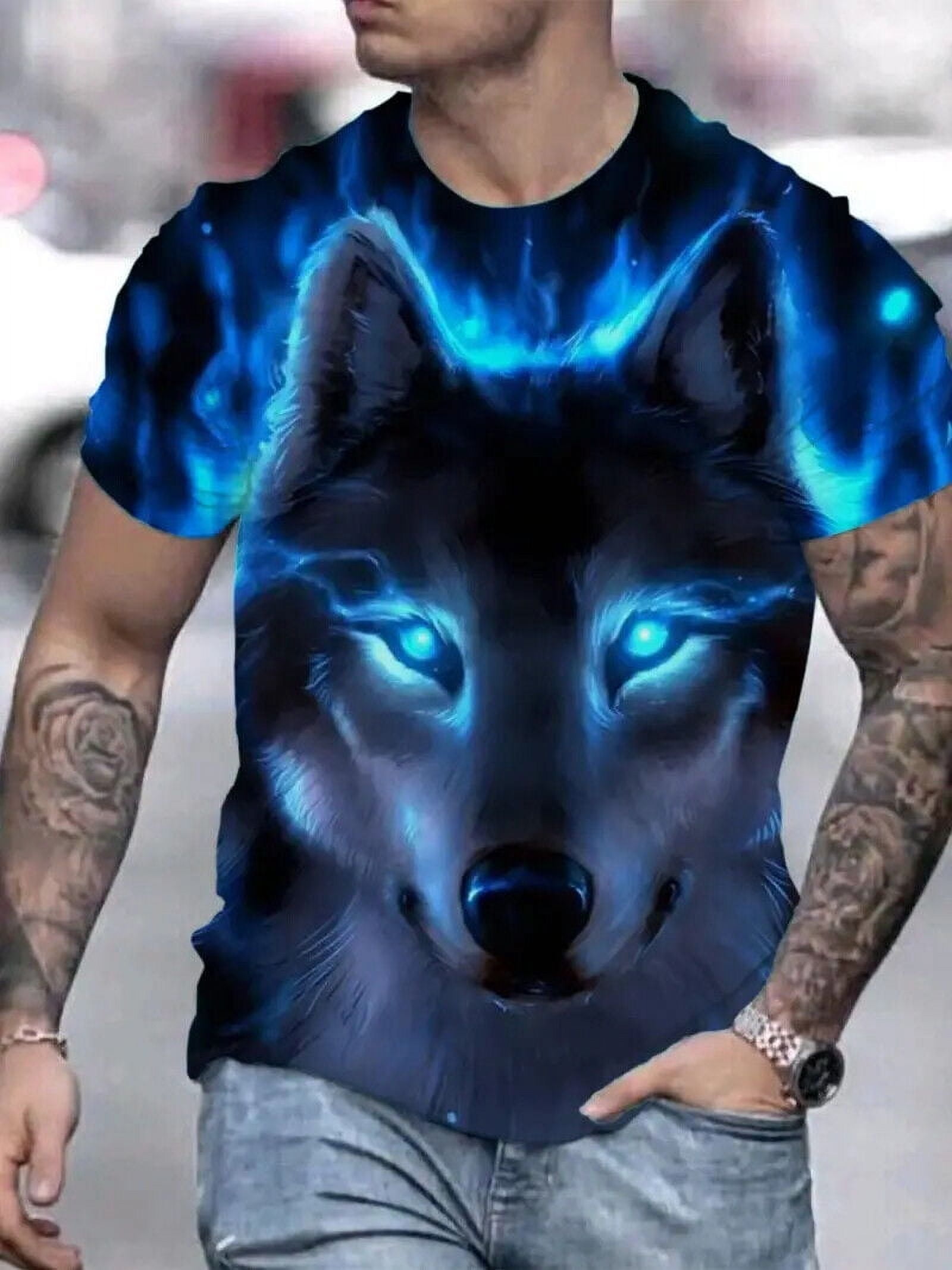 Blue Wolf Graphic Print Fashion Novelty Stylish Casual Streetwear Tee ...