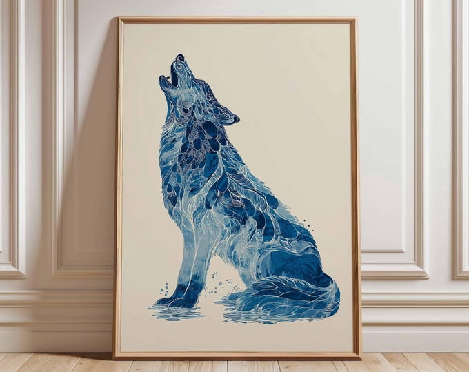 Blue Wolf Howling Wolf Abstract Animal Wall Art Print, Unframed Paper ...