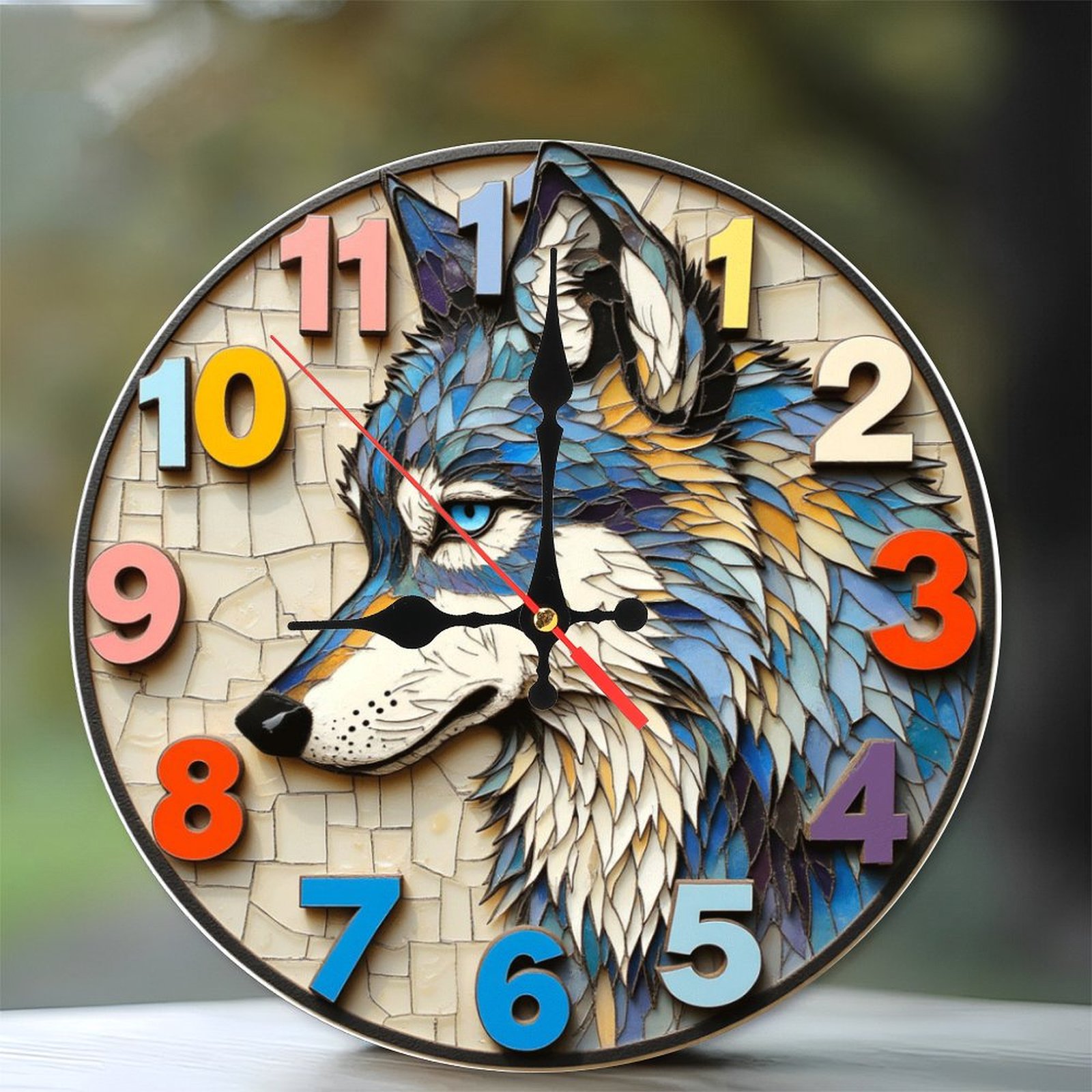 Blue Wolf Mosaic Wall Clock Home Decor 10-Inch Silent Wooden Wall Clock ...