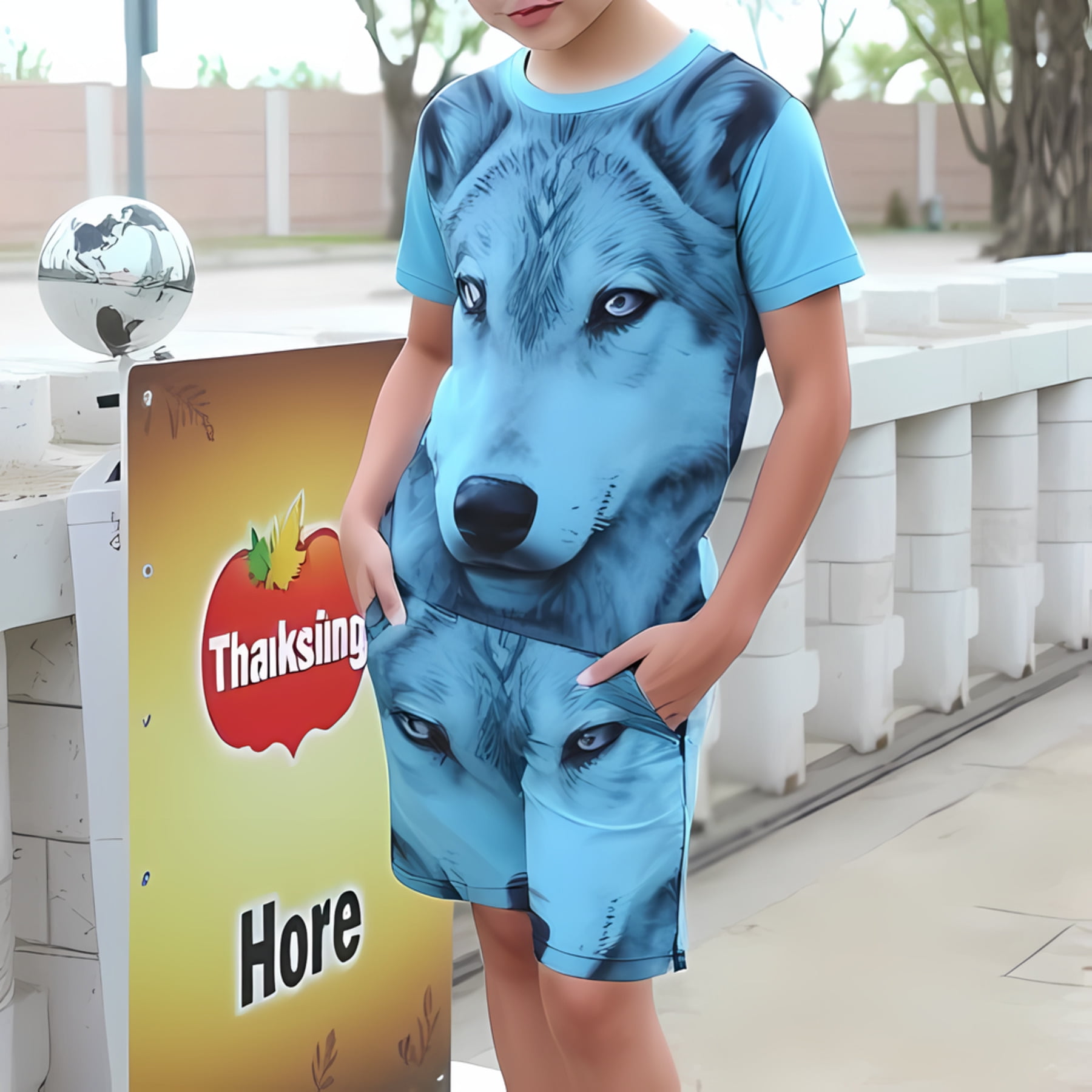 Blue Wolf Print T-Shirt and Shorts Set - Bold Playful Outfit for ...