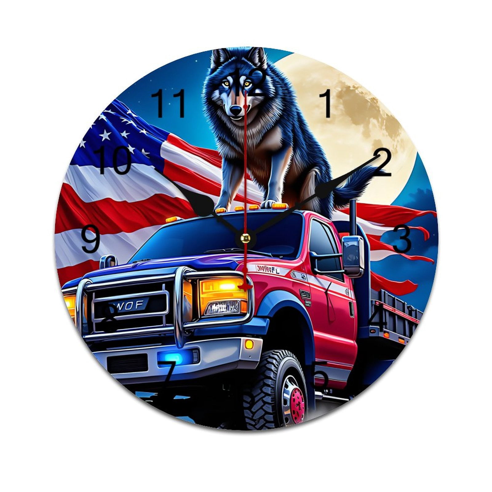 Blue Wolf Red Truck Bedroom Wall Clock Large Modern Kitchen Dinning ...
